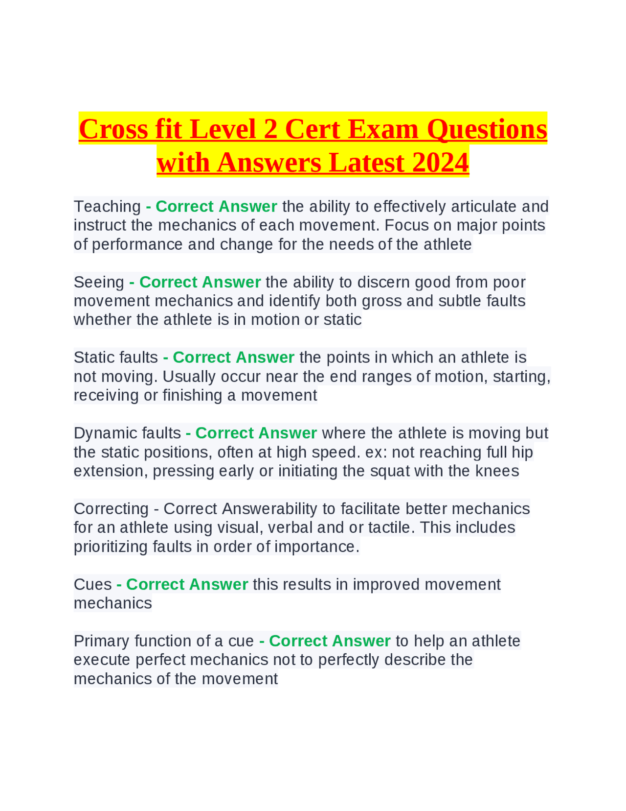 CrossFit Level 2 Certification Exam Questions and Answers | Exams ...