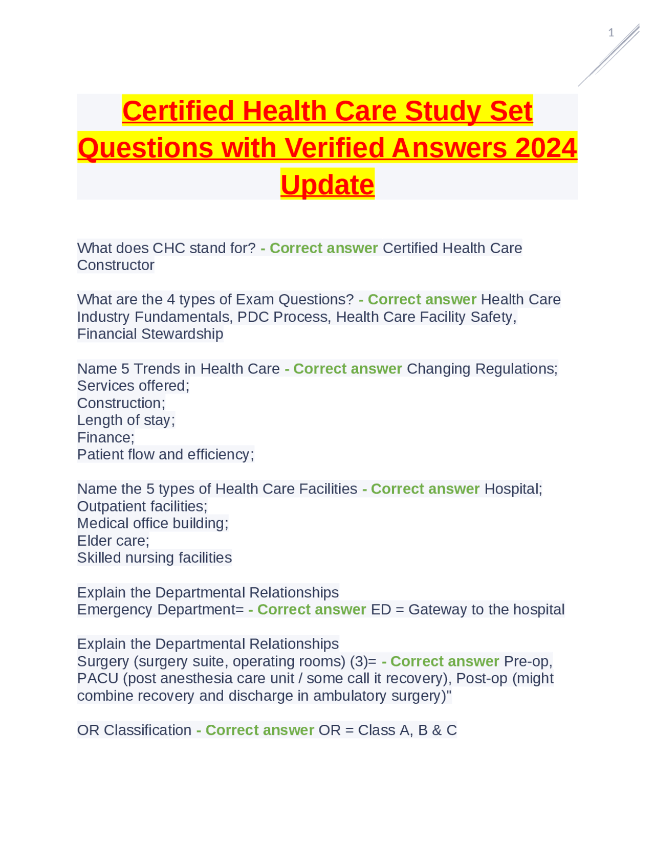 Certified Health Care Study Set Questions with Verified Answers 2024 ...