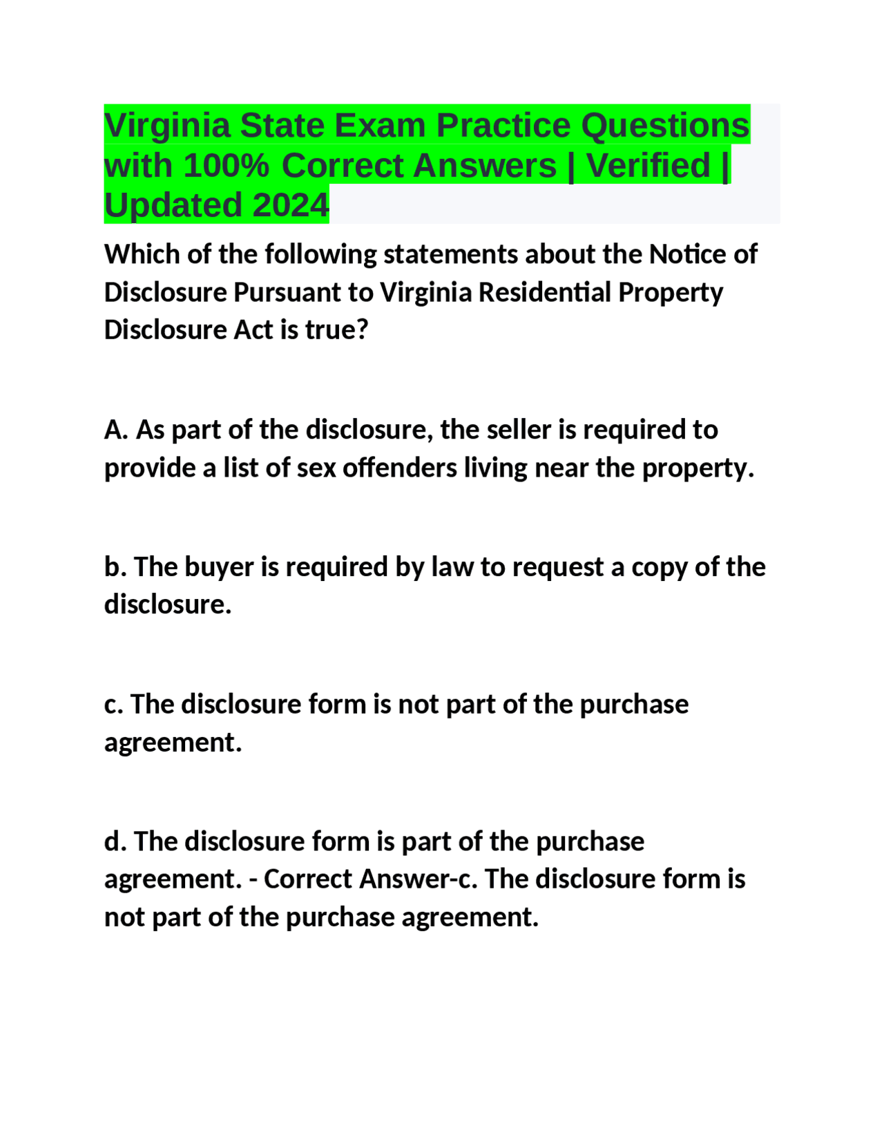 Virginia State Exam Practice Questions with 100% Correct Answers ...