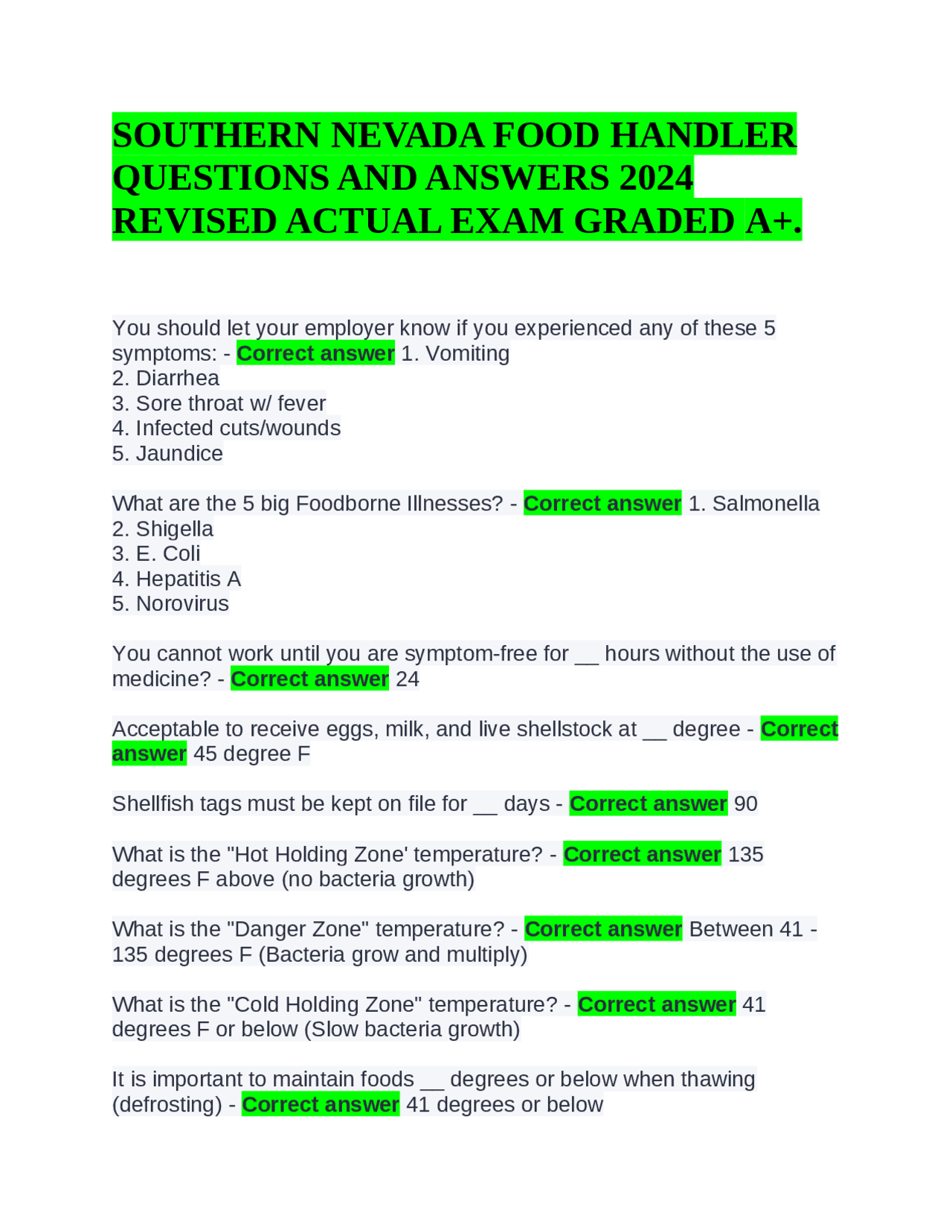 SOUTHERN NEVADA FOOD HANDLER QUESTIONS AND ANSWERS 2024 REVISED ACTUAL ...