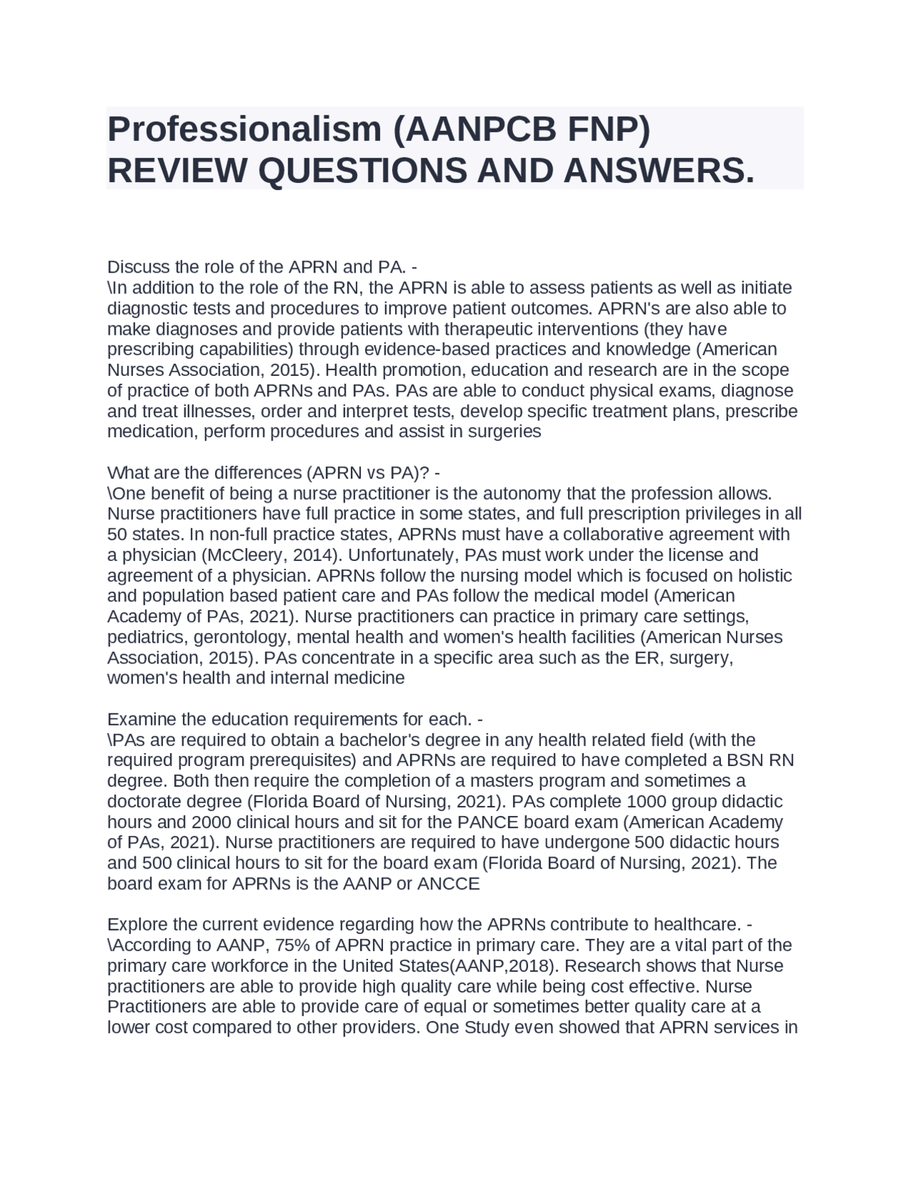 Professionalism (AANPCB FNP) REVIEW QUESTIONS AND ANSWERS. | Exams ...