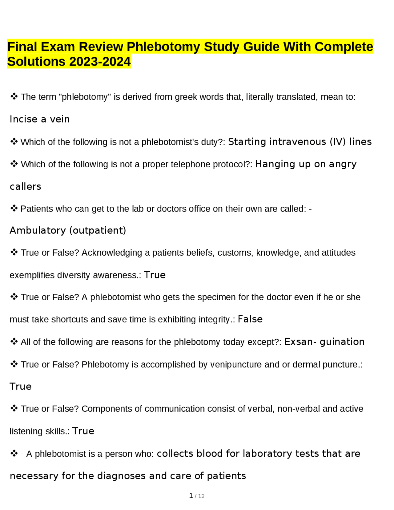 Final Exam Review Phlebotomy Study Guide With Complete Solutions 2023 ...