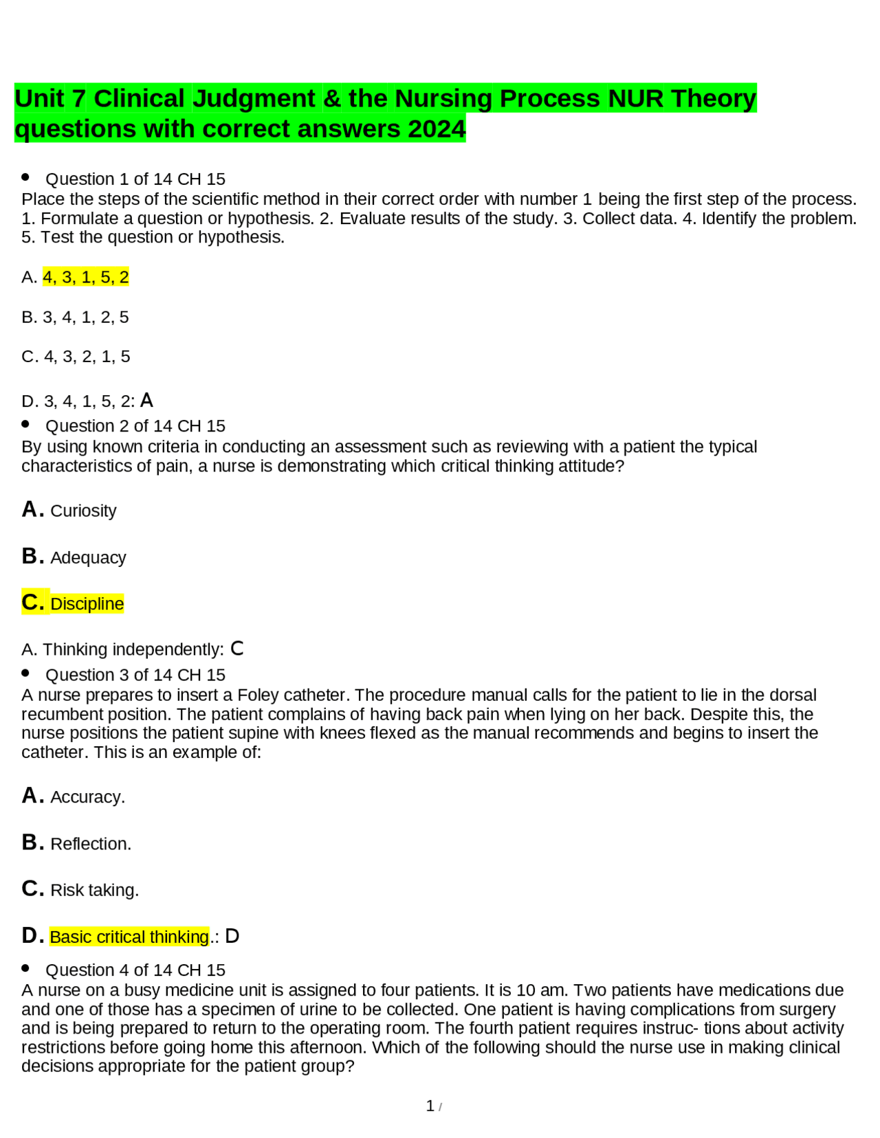 Unit 7 Clinical Judgment & the Nursing Process NUR Theory questions with correct answers 2 ...
