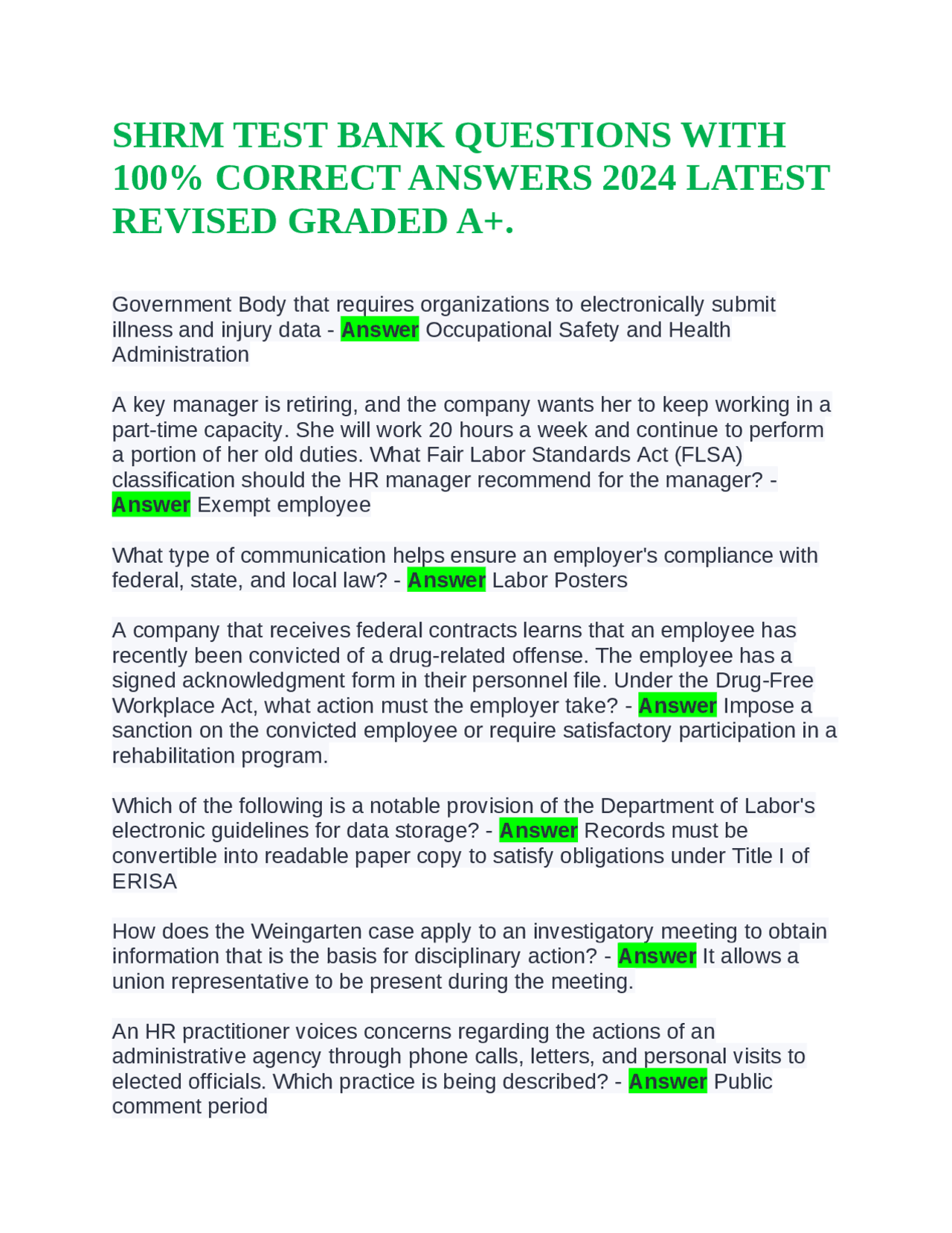 SHRM TEST BANK QUESTIONS WITH 100% CORRECT ANSWERS 2024 LATEST REVISED ...