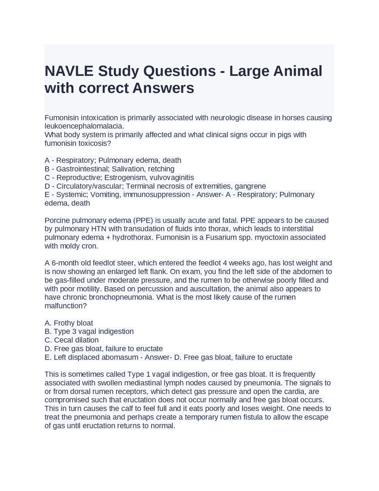 NAVLE Study Questions - Large Animal with correct Answers | Exams ...