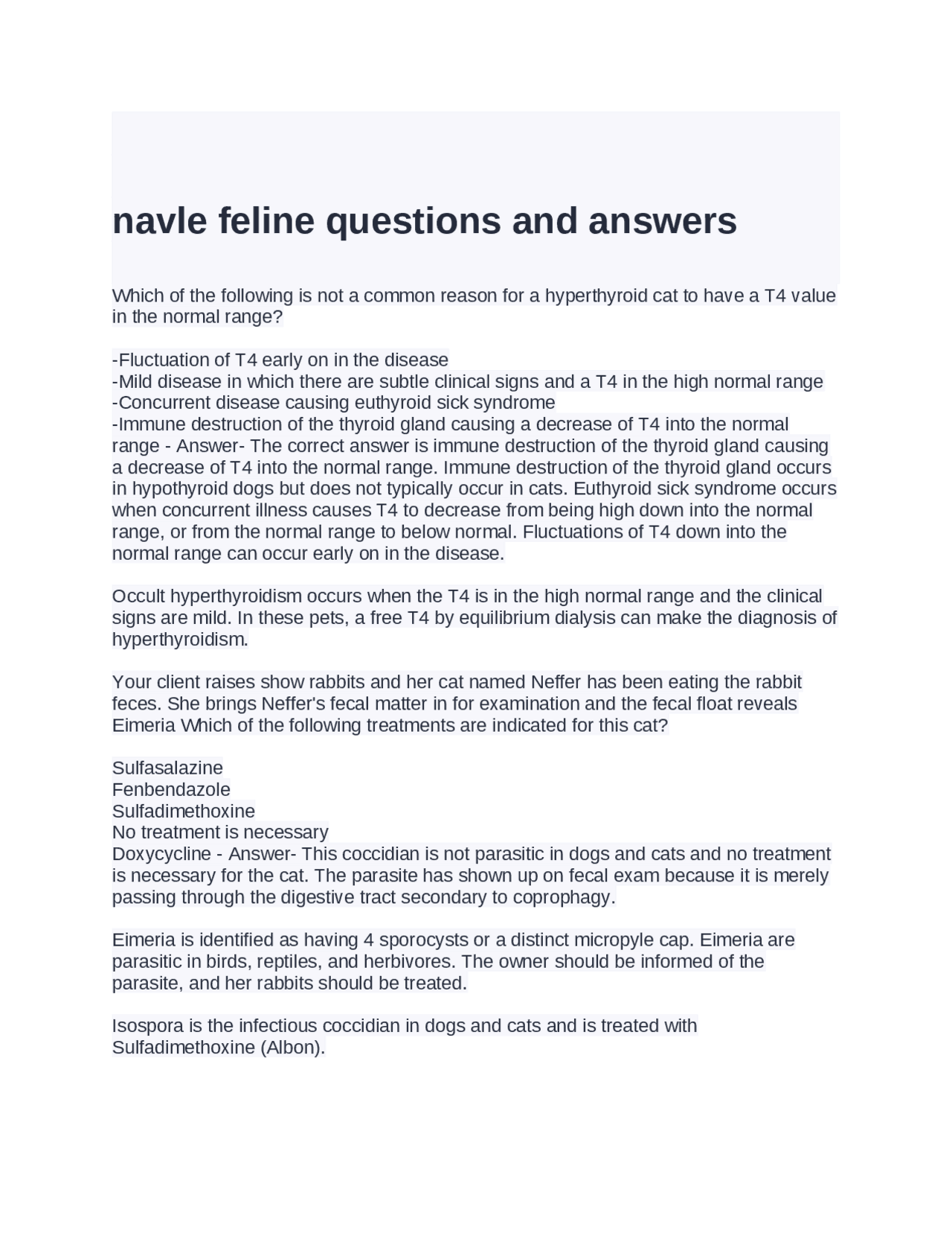 navle feline questions and answers | Exams Advanced Education | Docsity