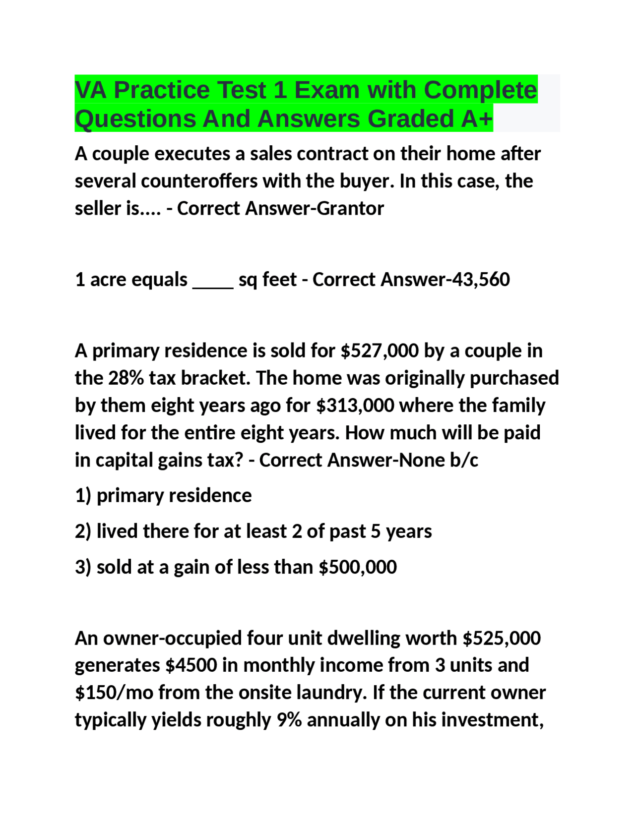 VA Practice Test 1 Exam with Complete Questions And Answers Graded A+ ...