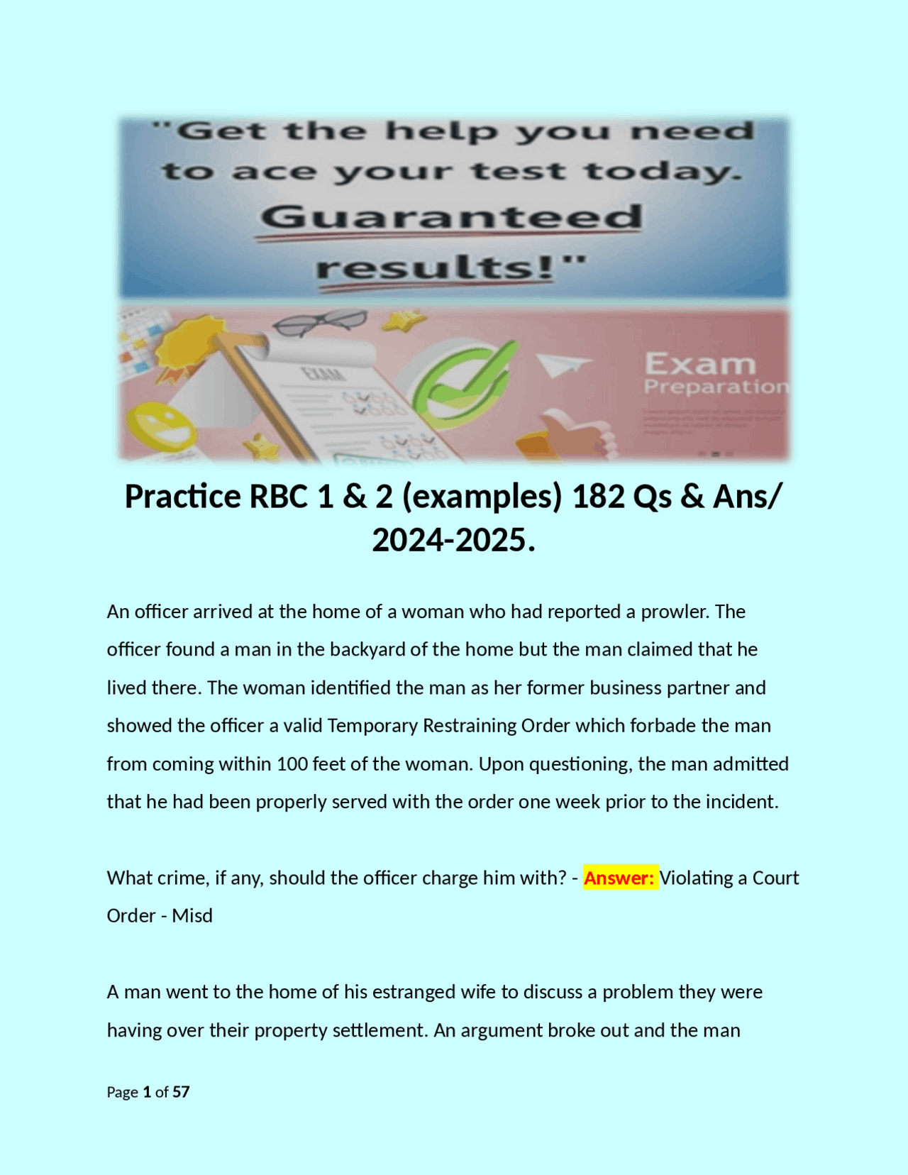 Practice RBC 1 & 2 (examples) 182 Qs & Ans/ 2024-2025. | Exams Nursing ...
