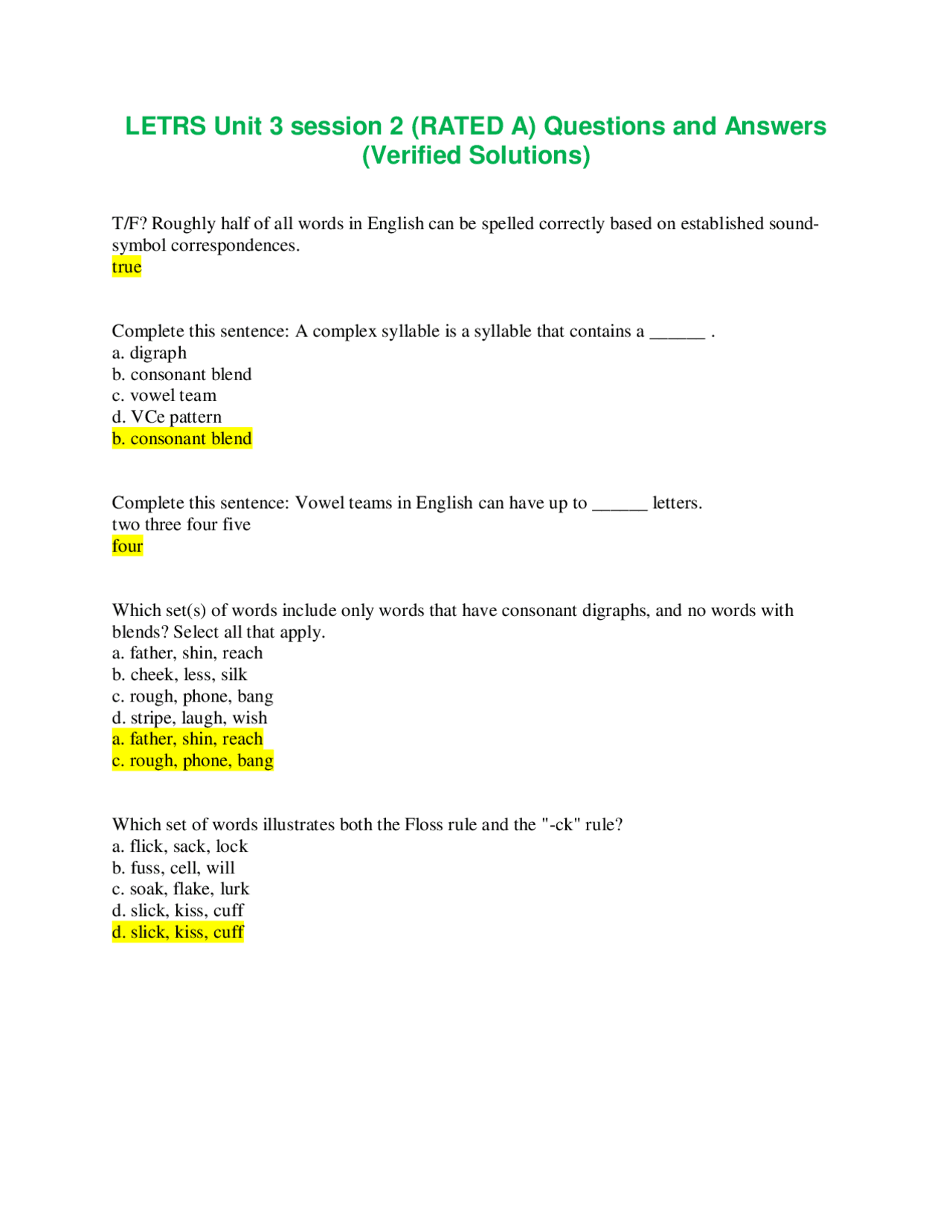 LETRS Unit 3 session 2 (RATED A) Questions and Answers (Verified Solutions) | Exercises English ...