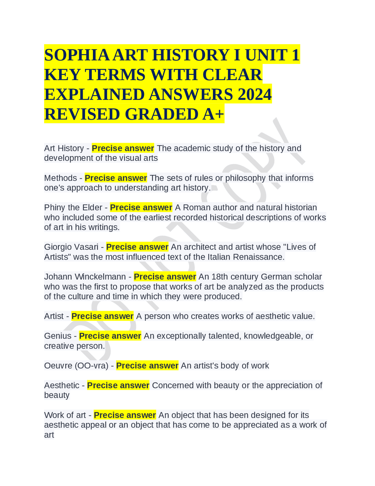 SOPHIA ART HISTORY I UNIT 1 KEY TERMS WITH CLEAR EXPLAINED ANSWERS 2024 ...
