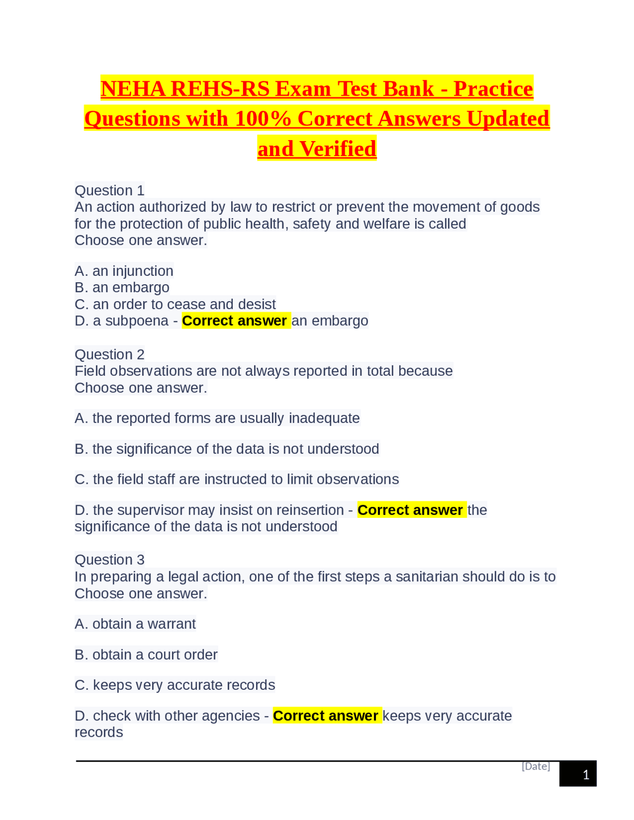 NEHA REHS-RS Exam Test Bank - Practice Questions with 100% Correct ...