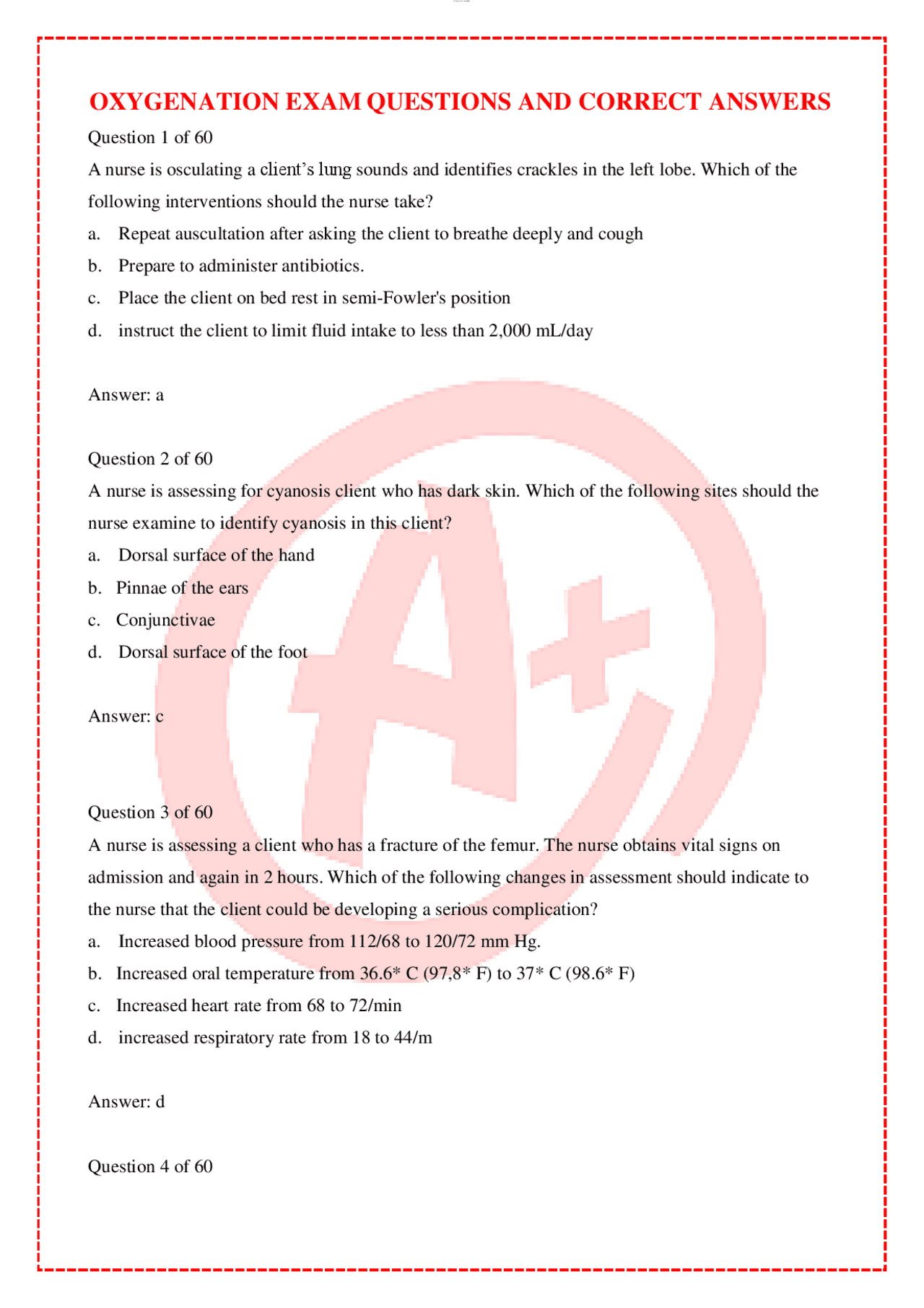 OXYGENATION EXAM QUESTIONS AND CORRECT ANSWERS | Exams Nursing | Docsity