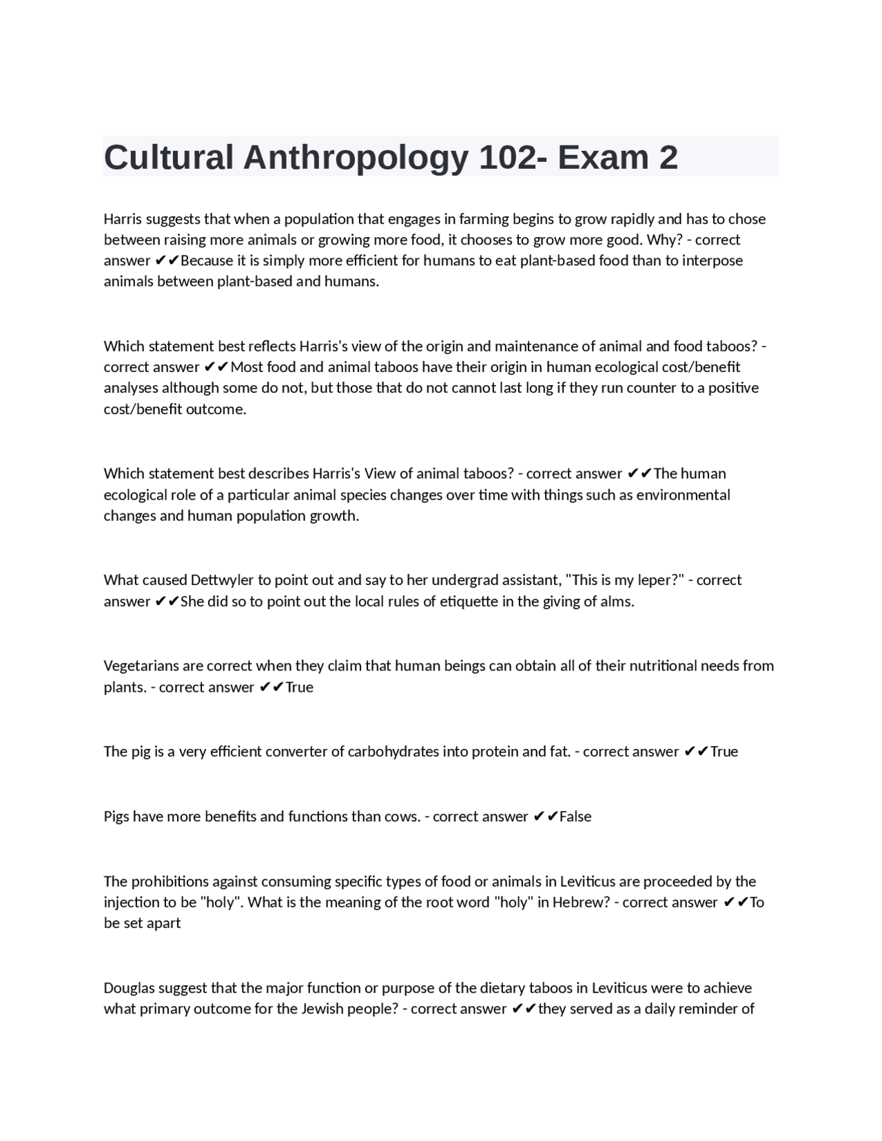 Cultural Anthropology 102- Exam 2 questions with verified answers ...