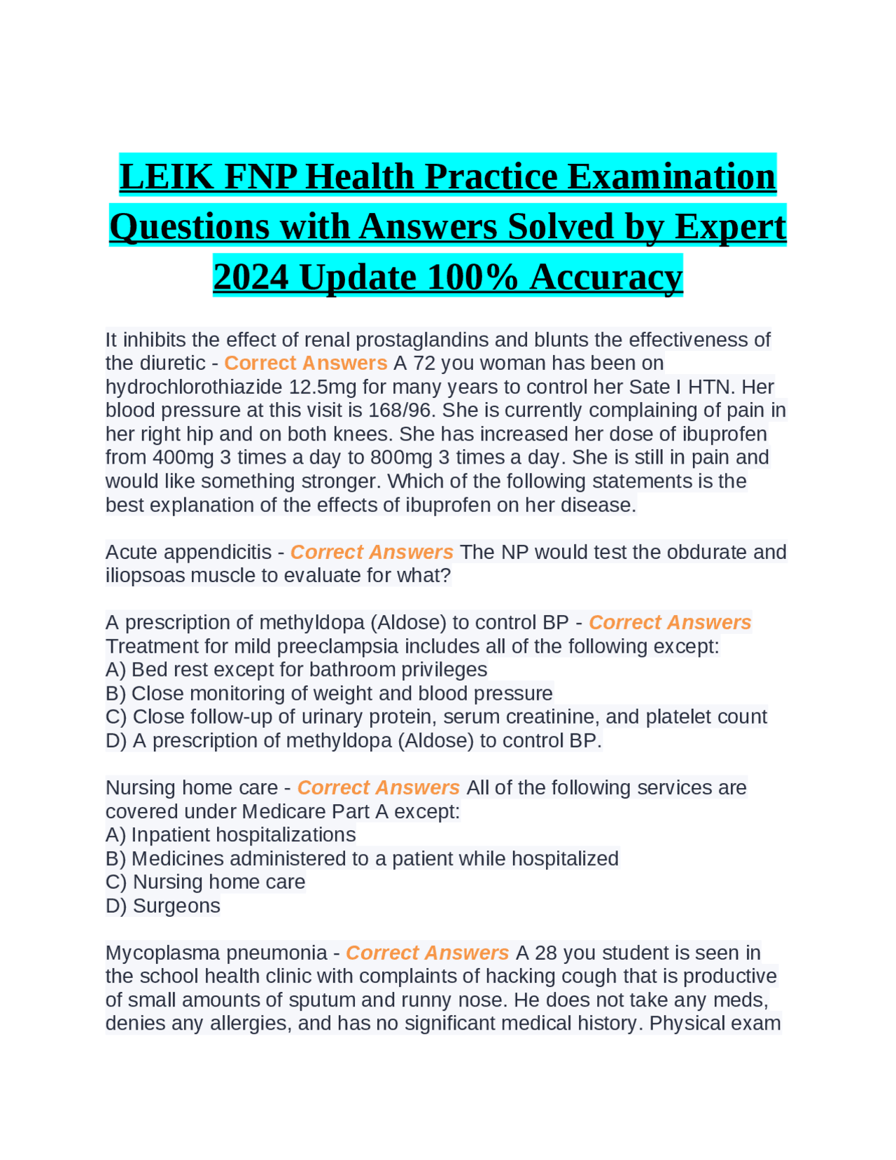 LEIK FNP Health Practice Examination Questions with Answers Solved by ...