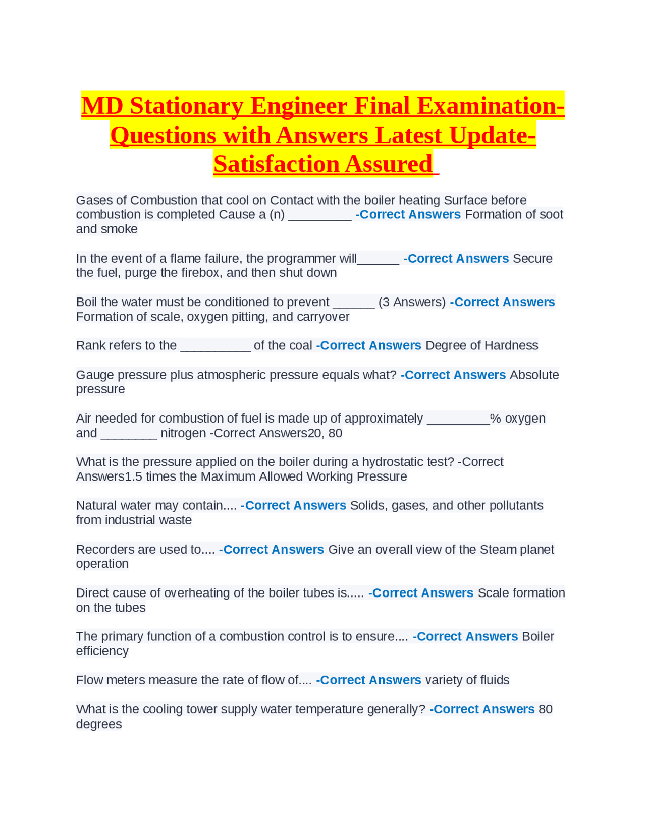 MD Stationary Engineer Final Examination-Questions with Answers Latest ...