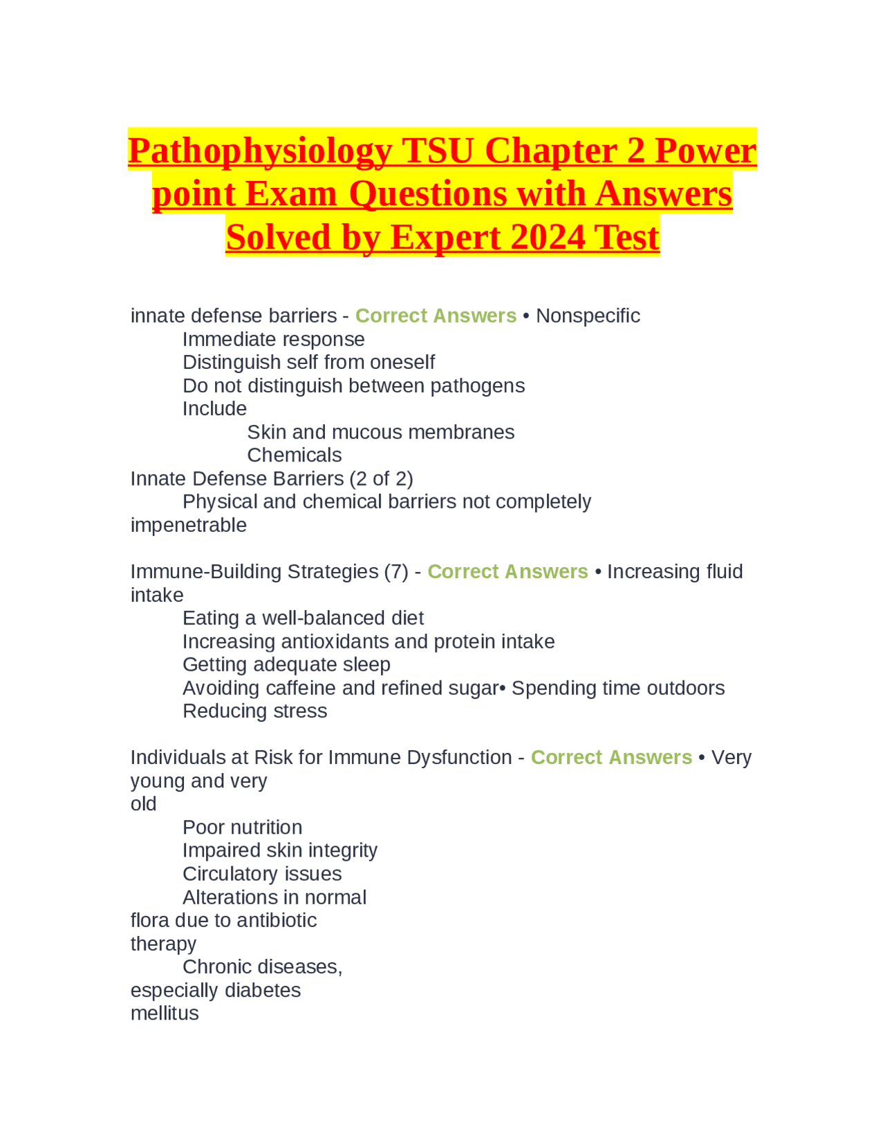 Pathophysiology TSU Chapter 2 Power Point Exam Questions with Answers ...