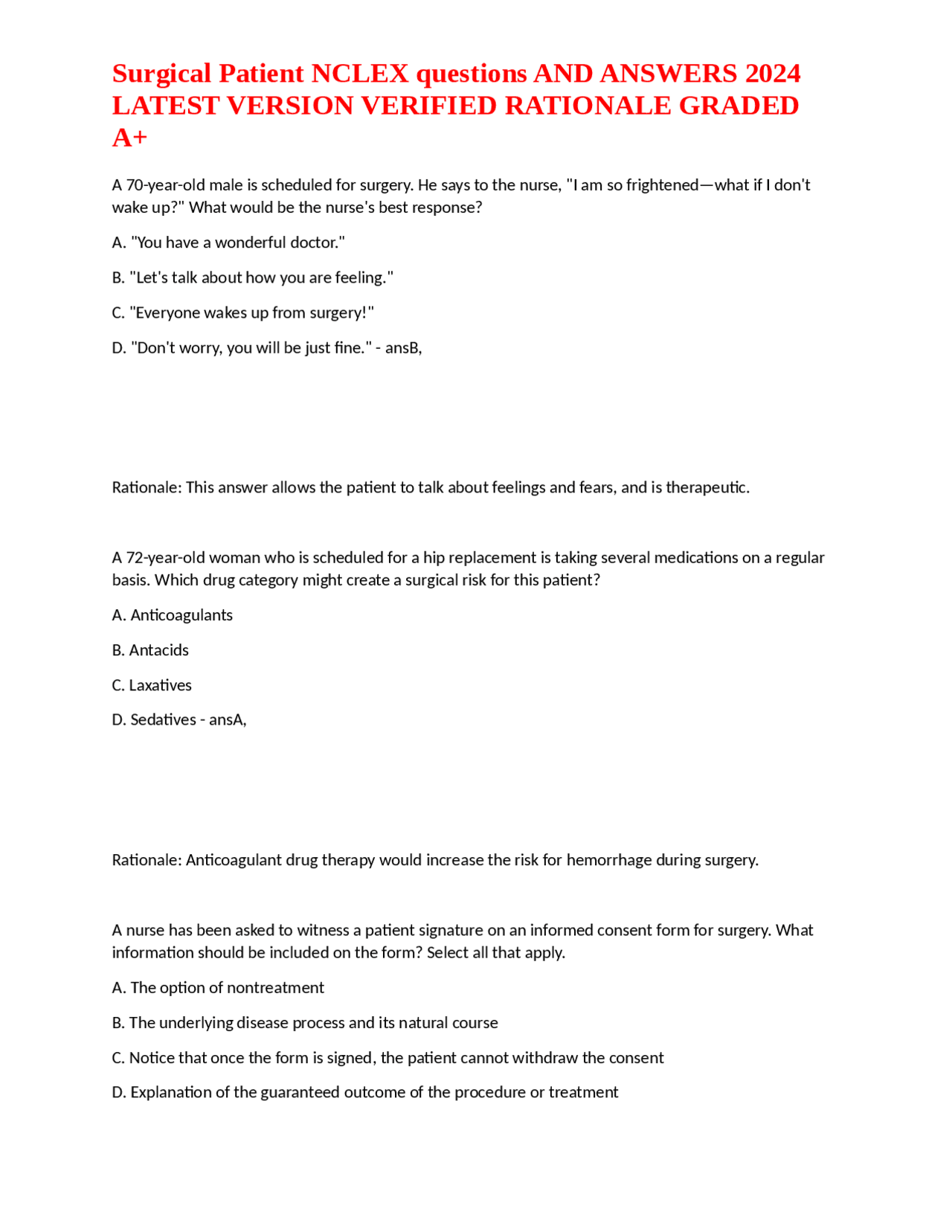 Surgical Patient NCLEX questions AND ANSWERS 2024 LATEST VERSION ...