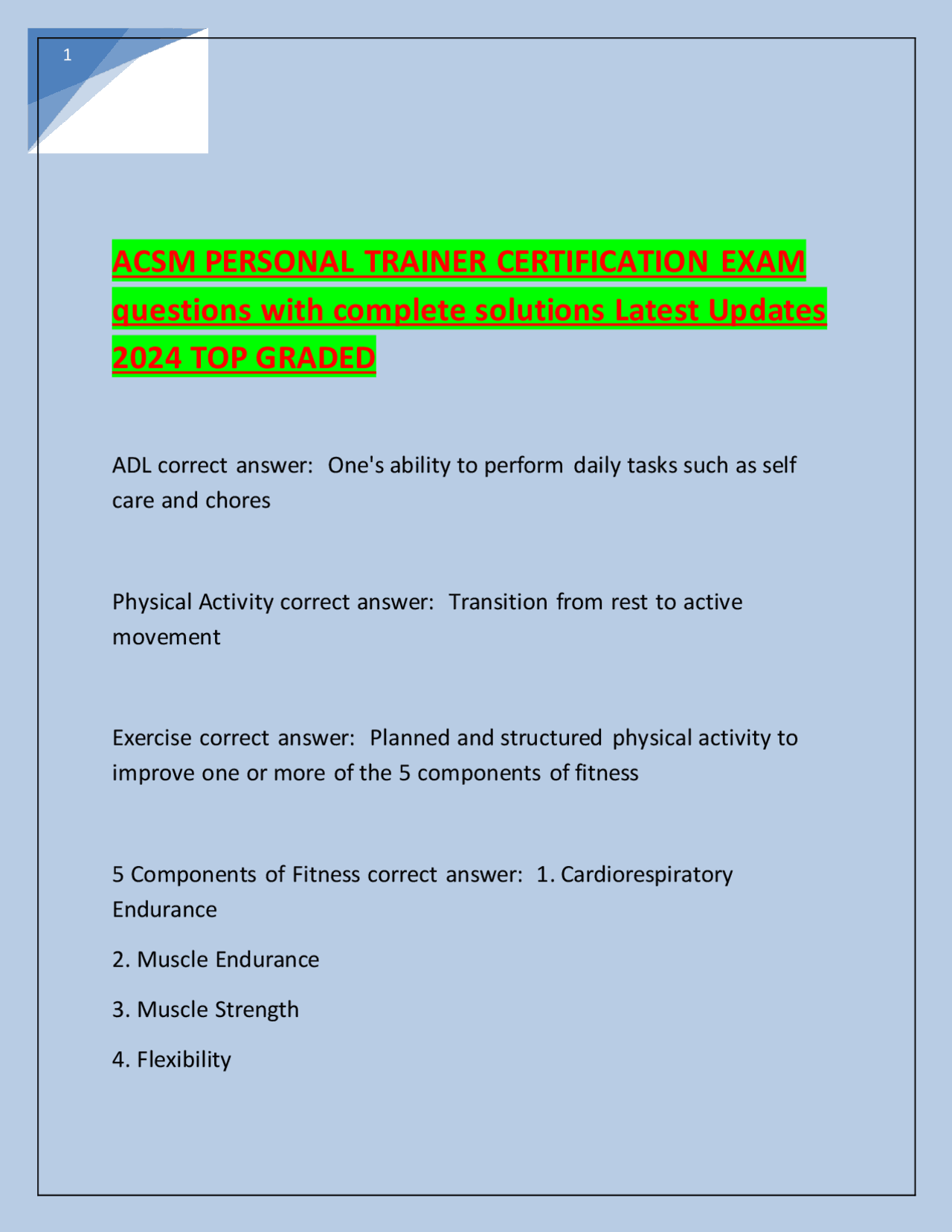 ACSM PERSONAL TRAINER CERTIFICATION EXAM questions with complete ...