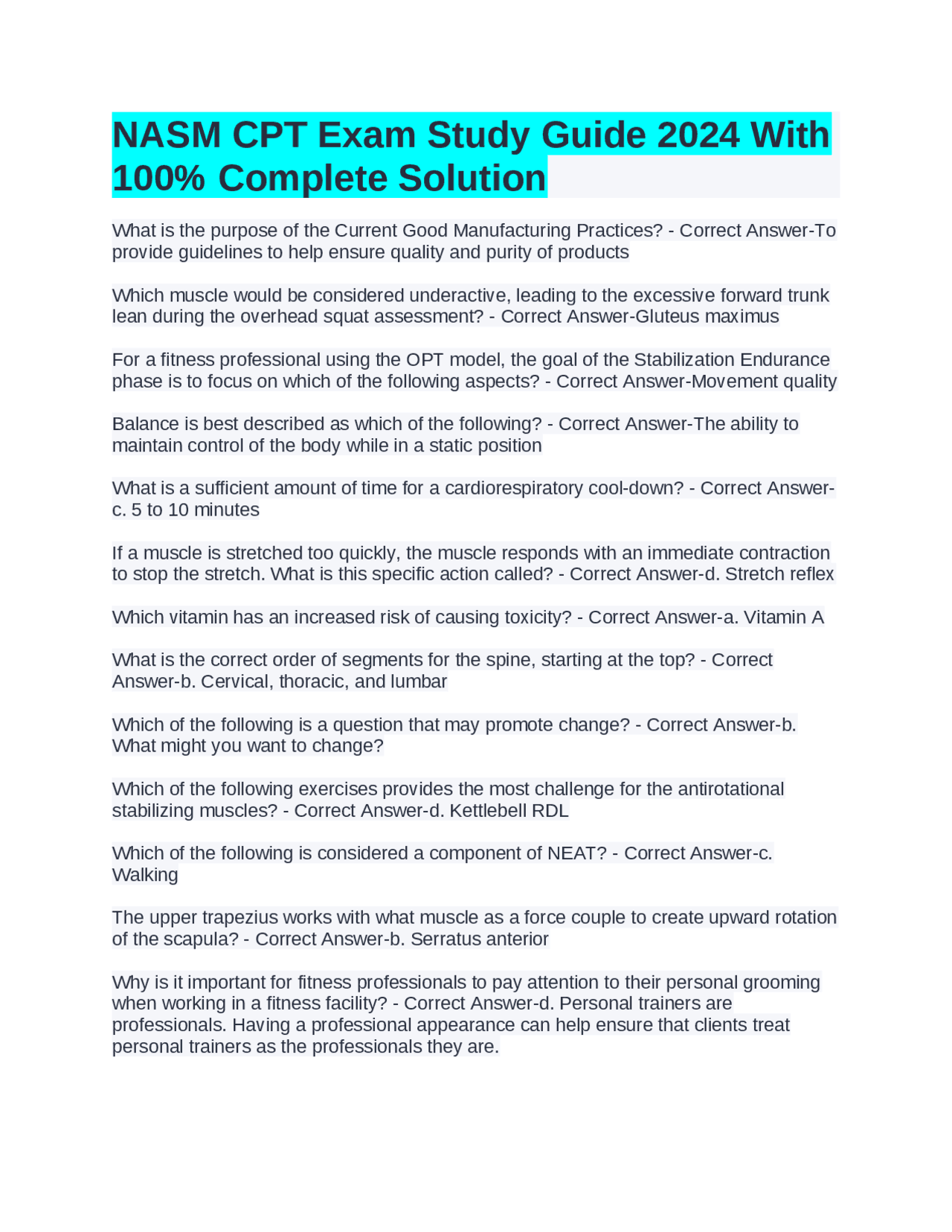 NASM CPT Exam Study Guide 2024 With 100% Complete Solution | Exams Advanced Education | Docsity