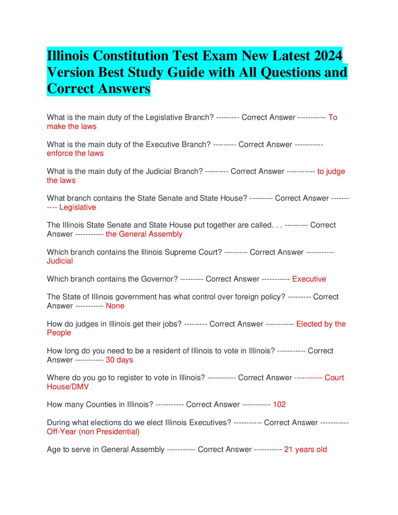 Illinois Constitution Test Exam New Latest 2024 Version Best Study ...