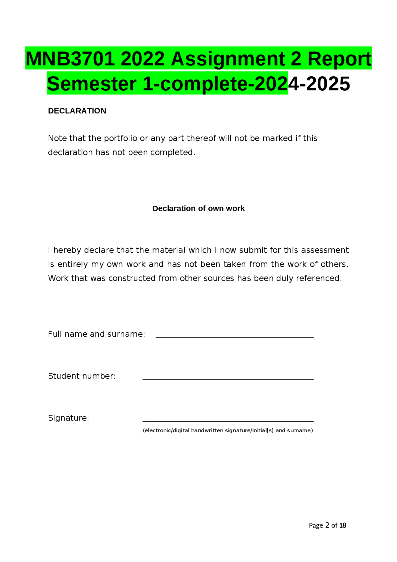 MNB3701 2022 Assignment 2 Report Semester 1-complete-2024-2025 .docx ...