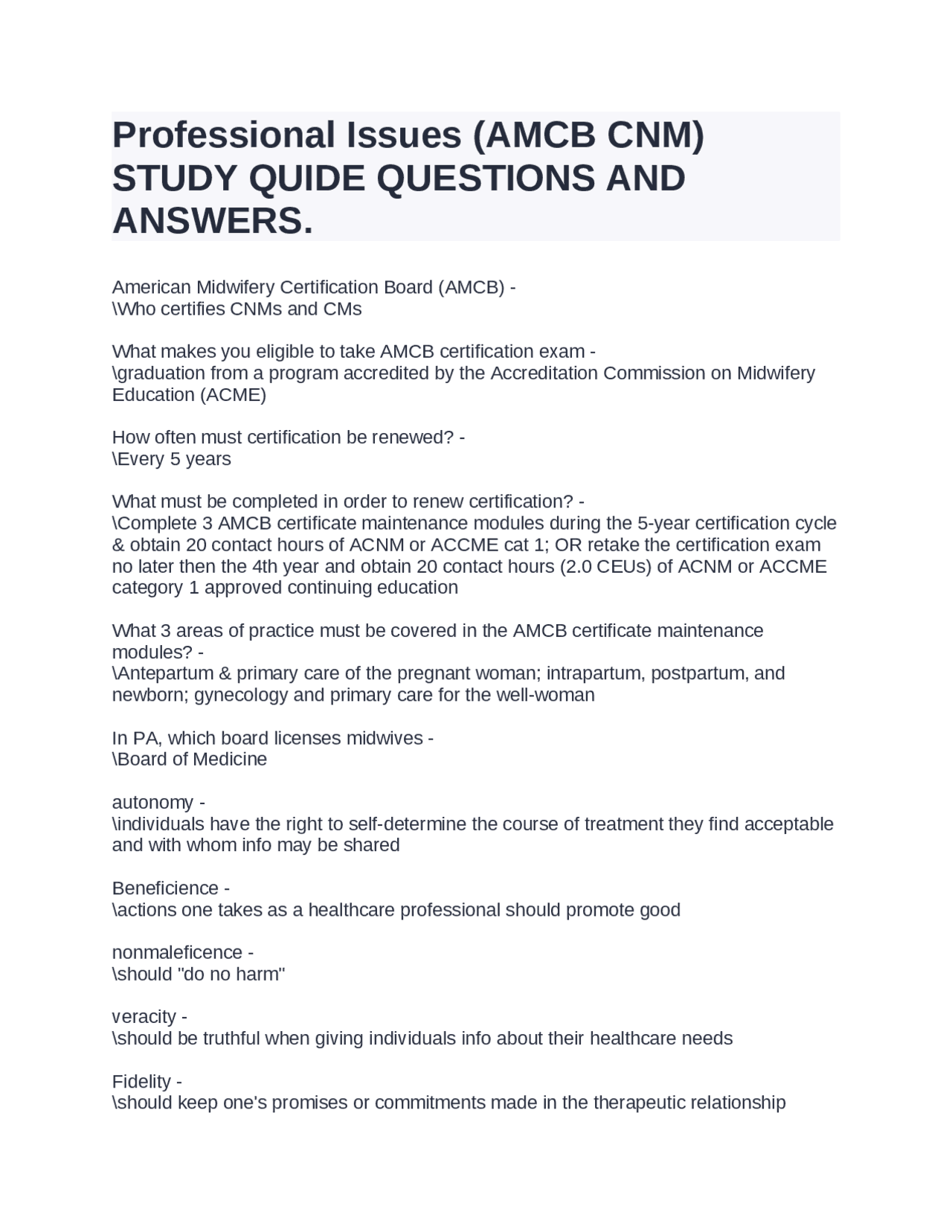 Professional Issues (AMCB CNM) STUDY QUIDE QUESTIONS AND ANSWERS ...