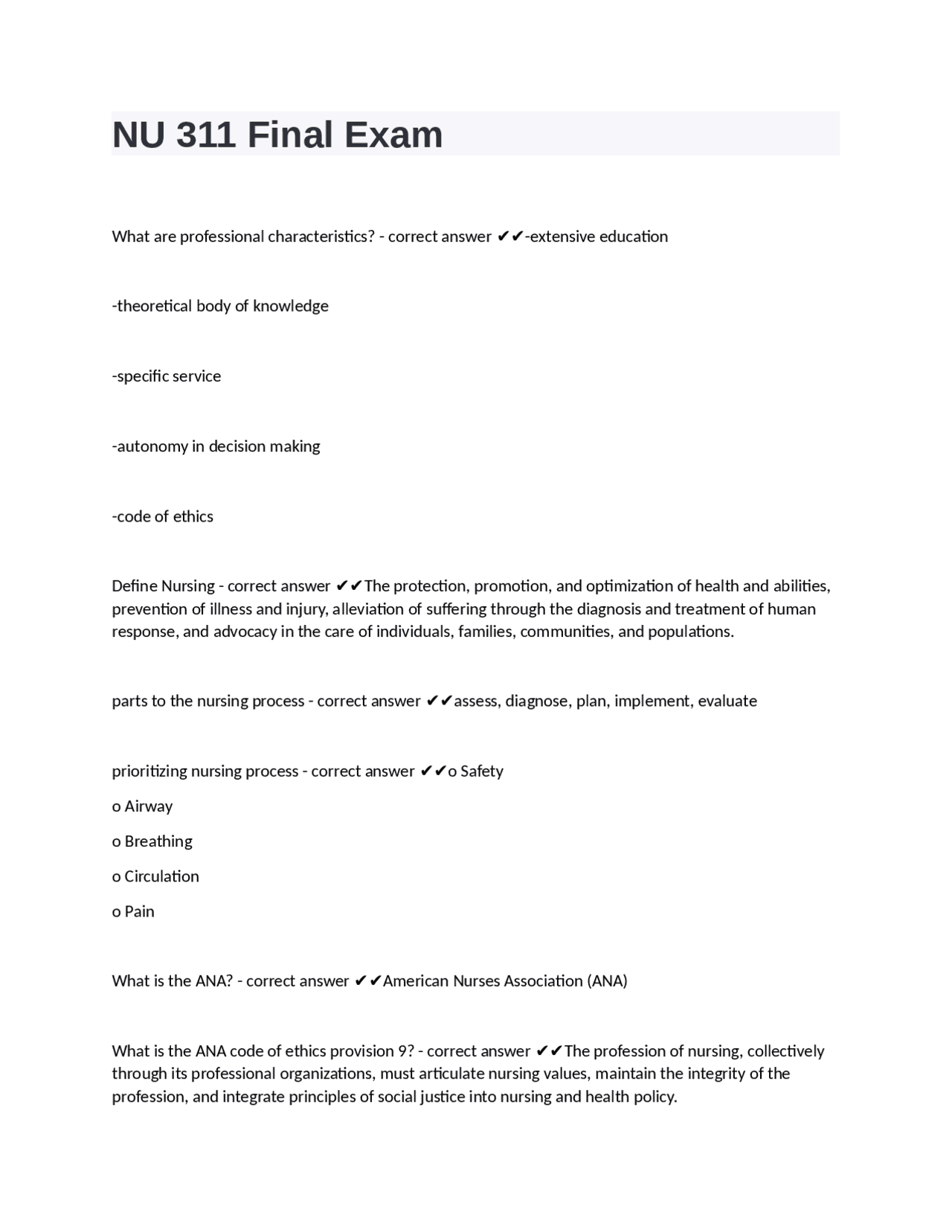 Nu 311 Final Exam With Verified Solutions Rated A Exams Nursing Docsity