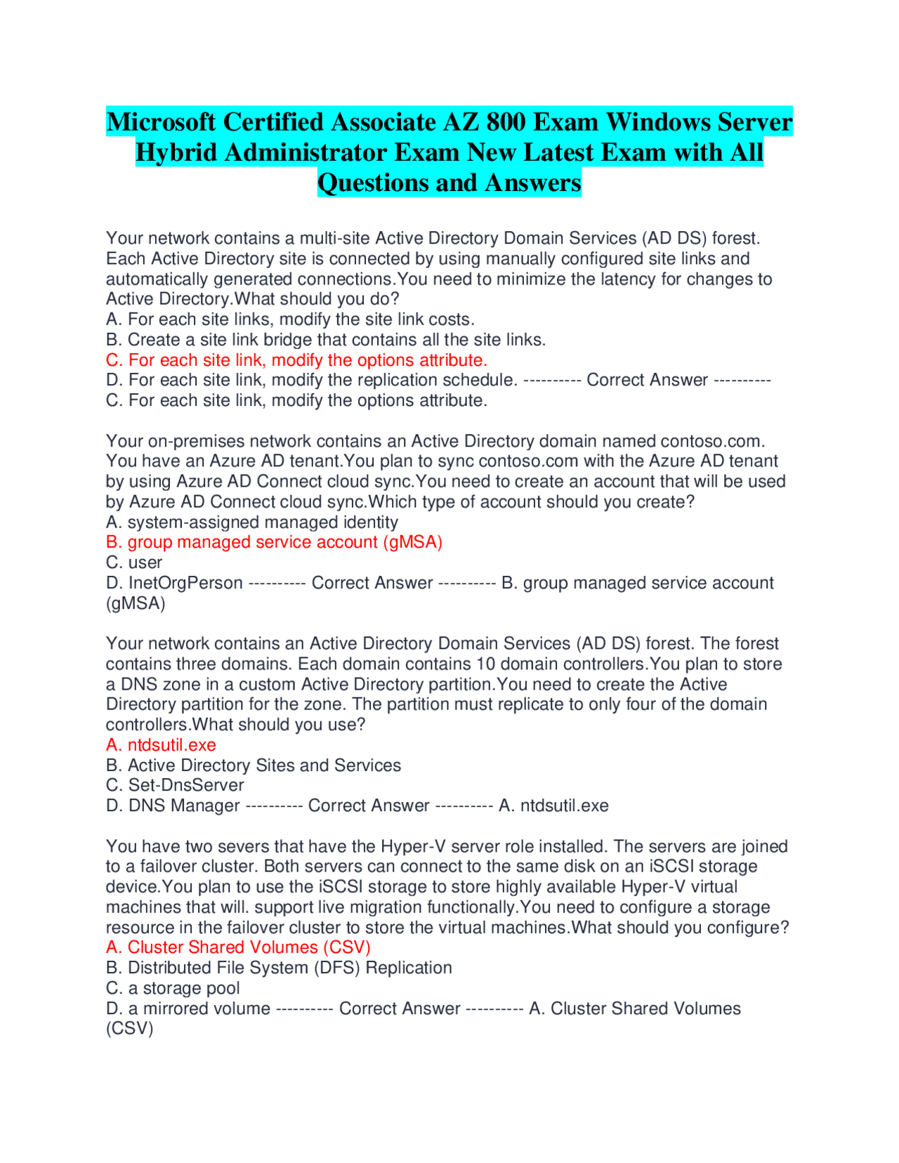 Microsoft Certified Associate AZ 800 Exam Windows Server Hybrid ...