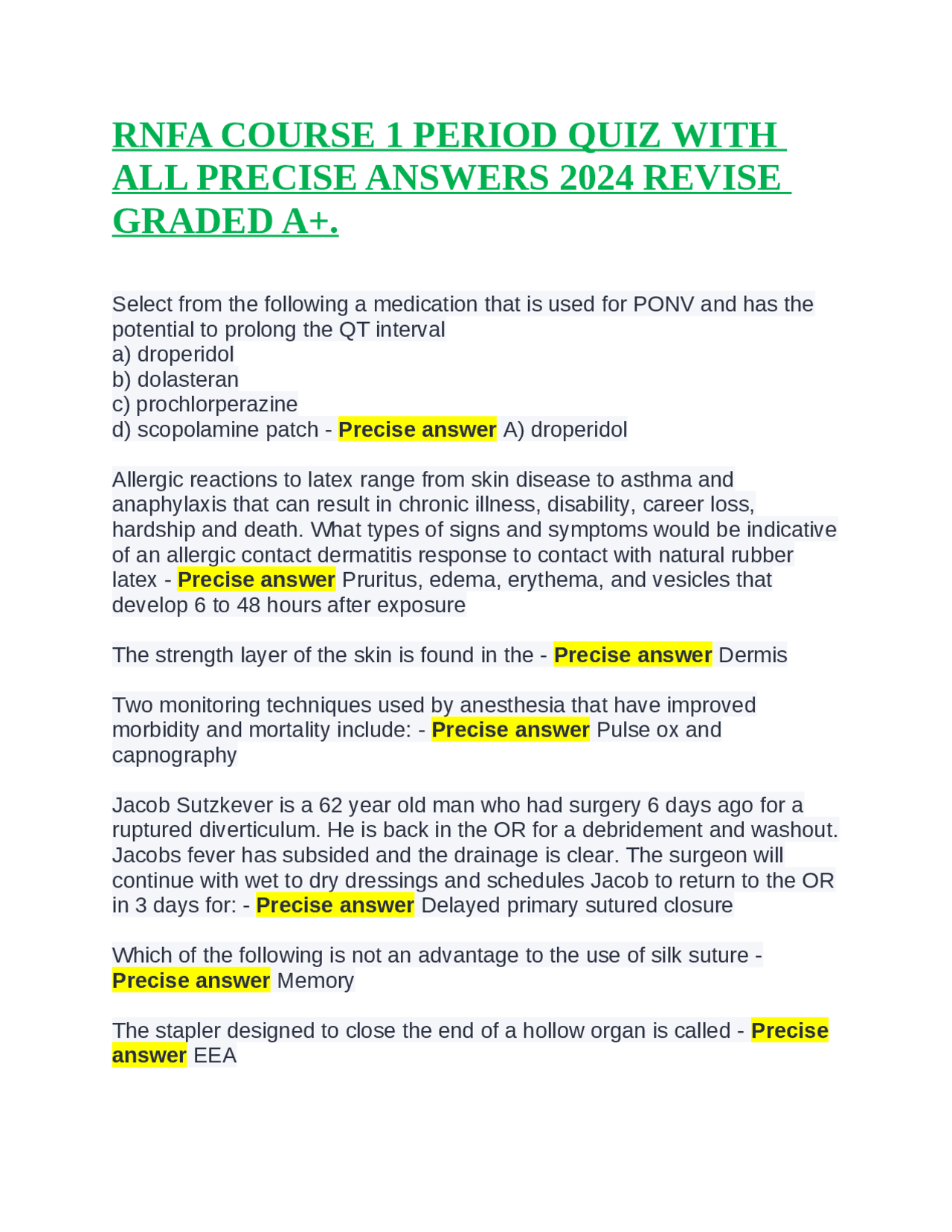 RNFA COURSE 1 PERIOD QUIZ WITH ALL PRECISE ANSWERS 2024 REVISE GRADED ...