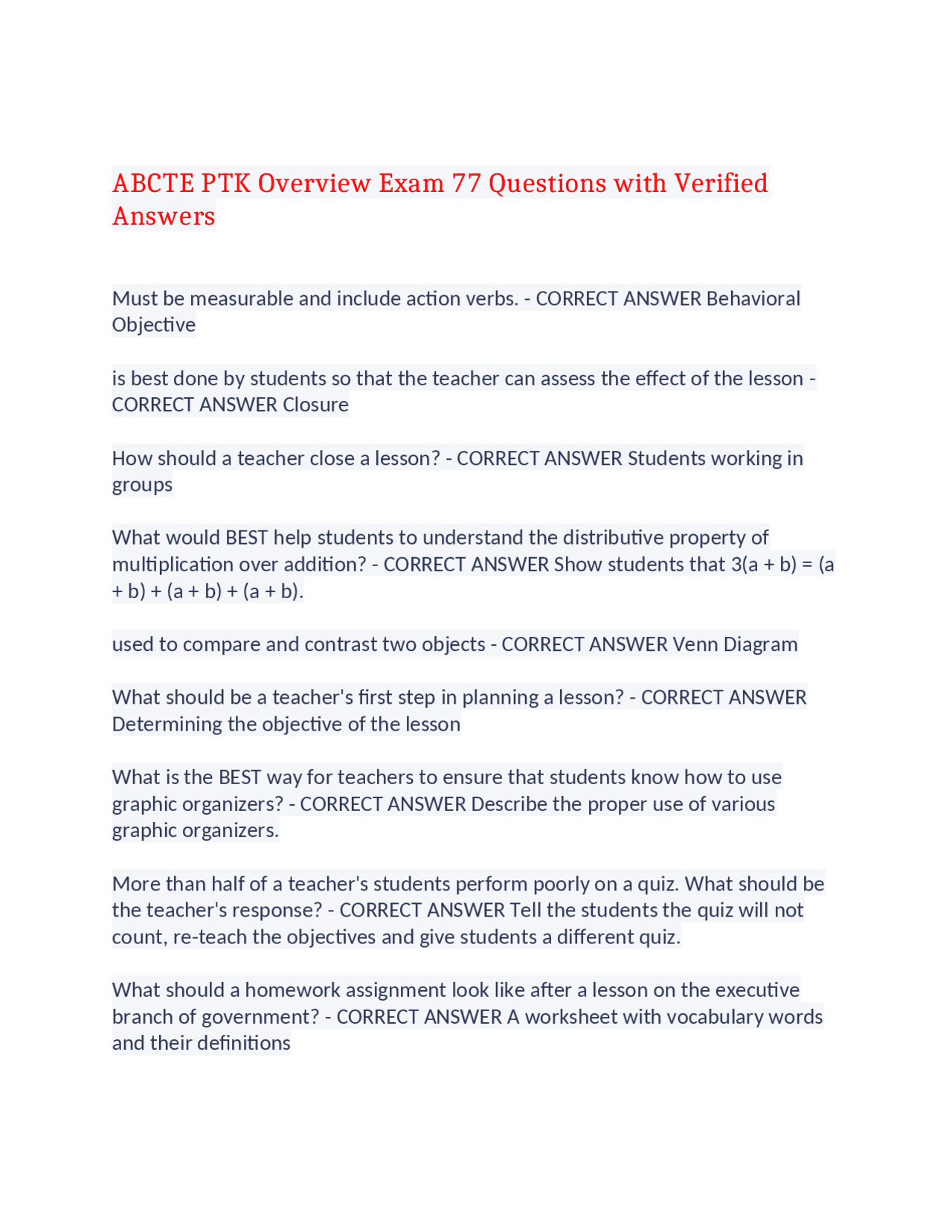 ABCTE PTK Overview Exam 77 Questions with Verified Answers,100% CORRECT ...