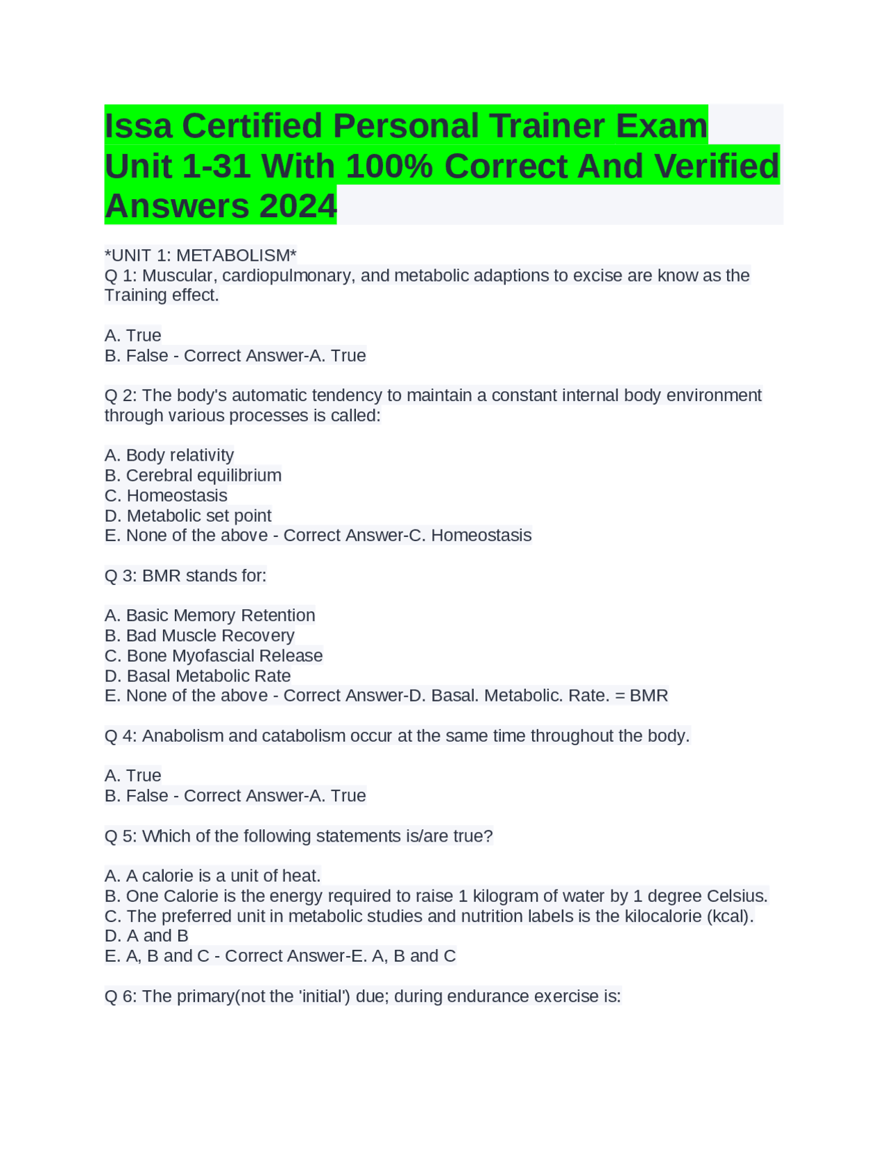 Issa Certified Personal Trainer Exam Unit 1-31 With 100% Correct And ...