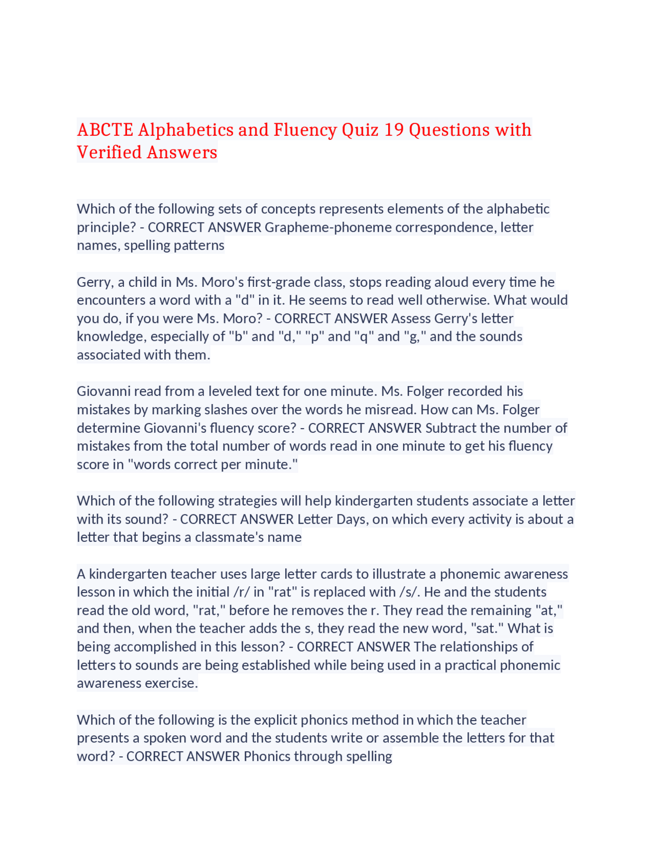 ABCTE Alphabetics and Fluency Quiz 19 Questions with Verified Answers ...