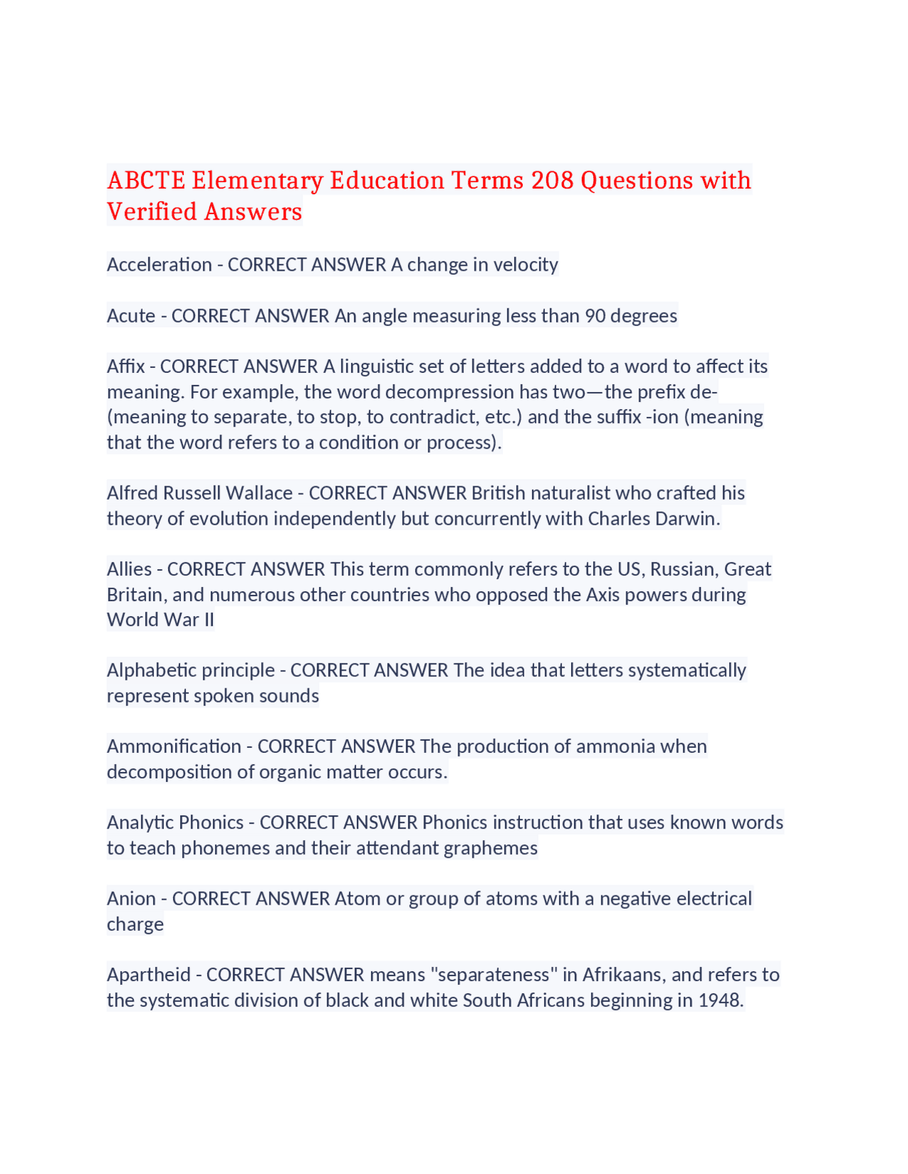 ABCTE Elementary Education Terms 208 Questions with Verified Answers ...