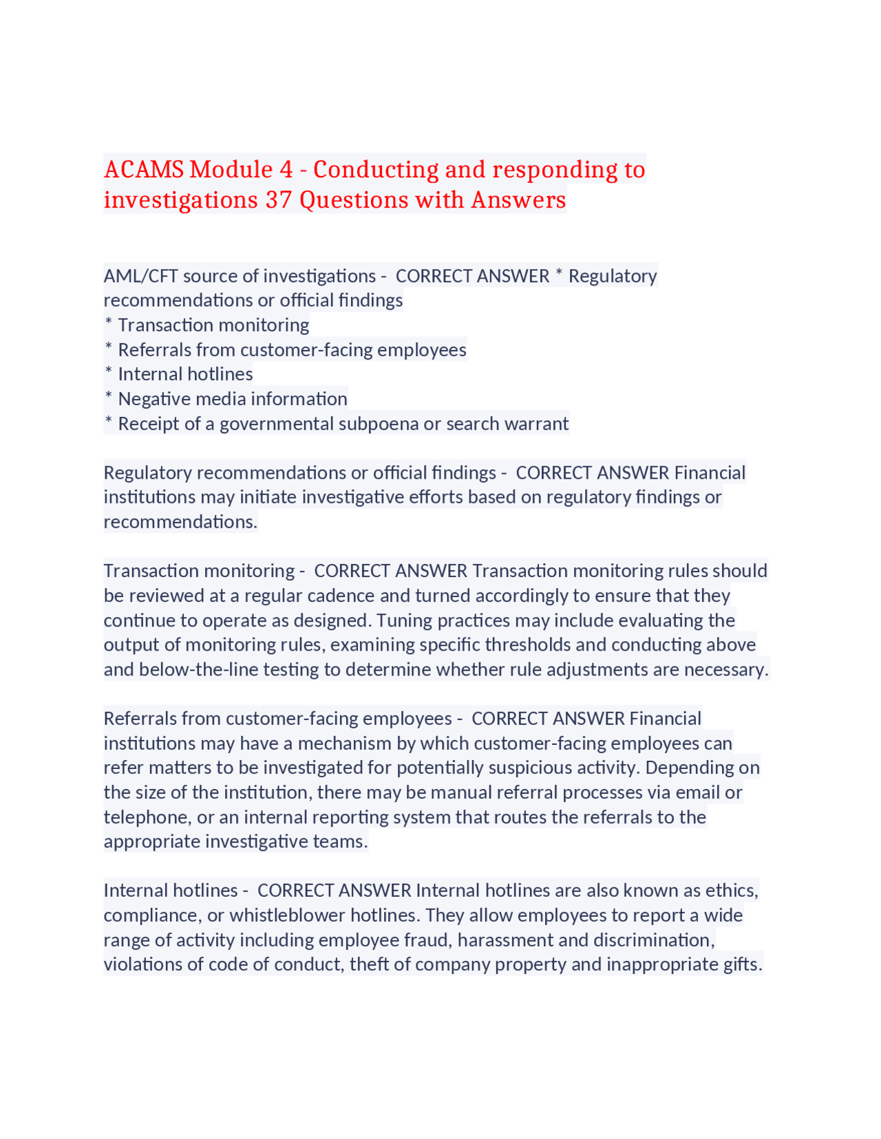 ACAMS Module 4 Questions with Verified Answers,100% CORRECT | Exams ...