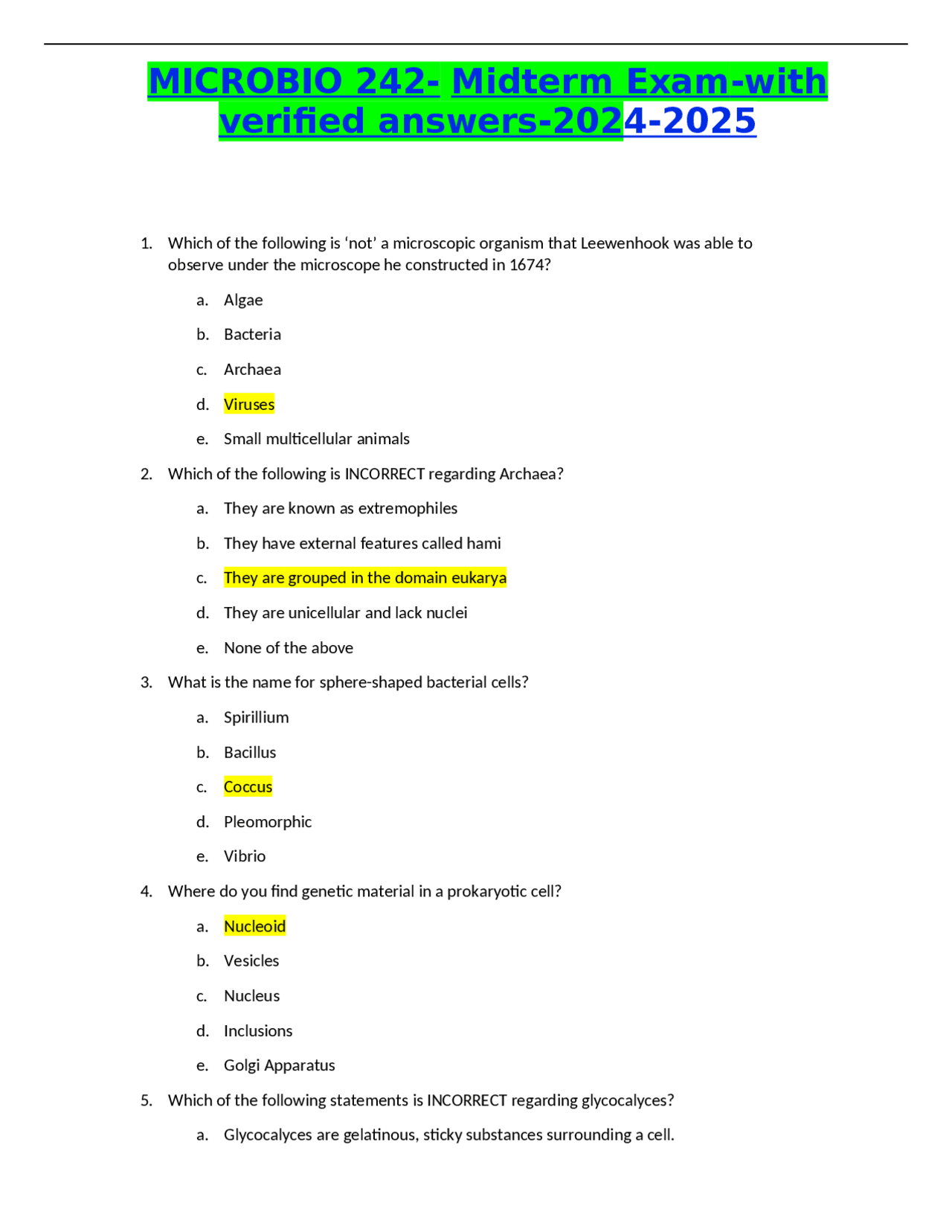 MICROBIO 242- Midterm Exam-with verified answers-2024-2025.docx | Exams Nursing | Docsity