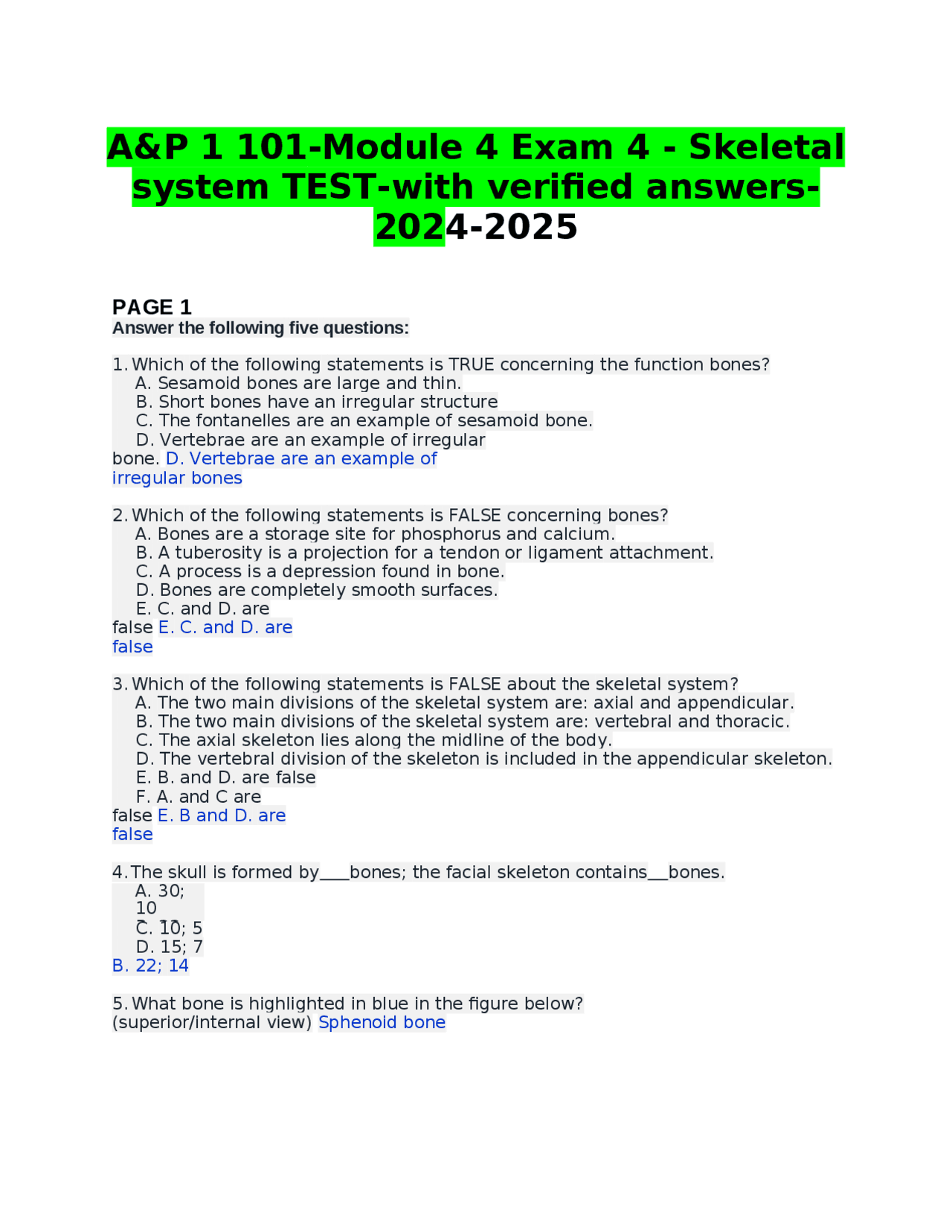 A&P 1 101-Module 4 Exam 4 - Skeletal system TEST-with verified answers ...