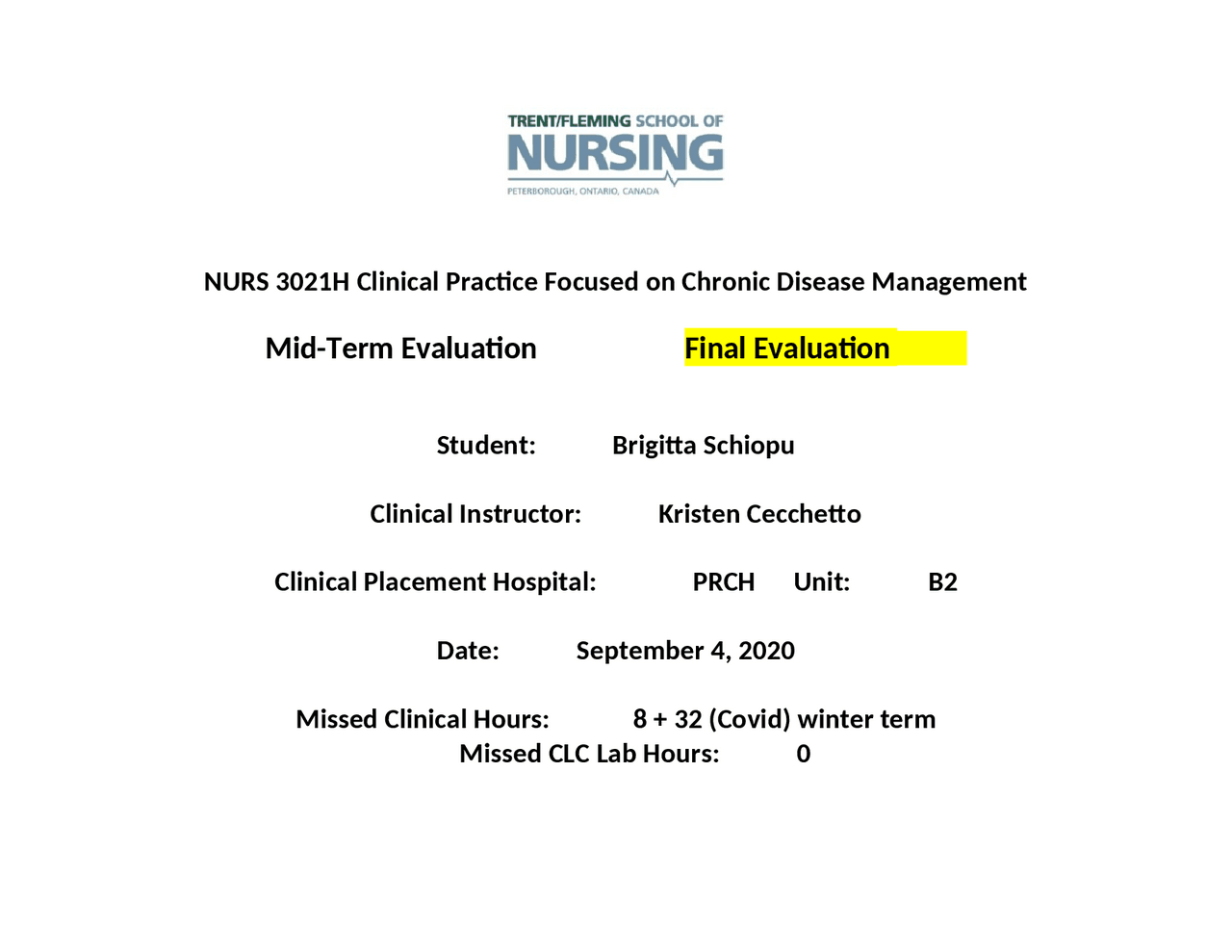 NURS 3021H Clinical Practice Focused on Chronic Disease Management ...