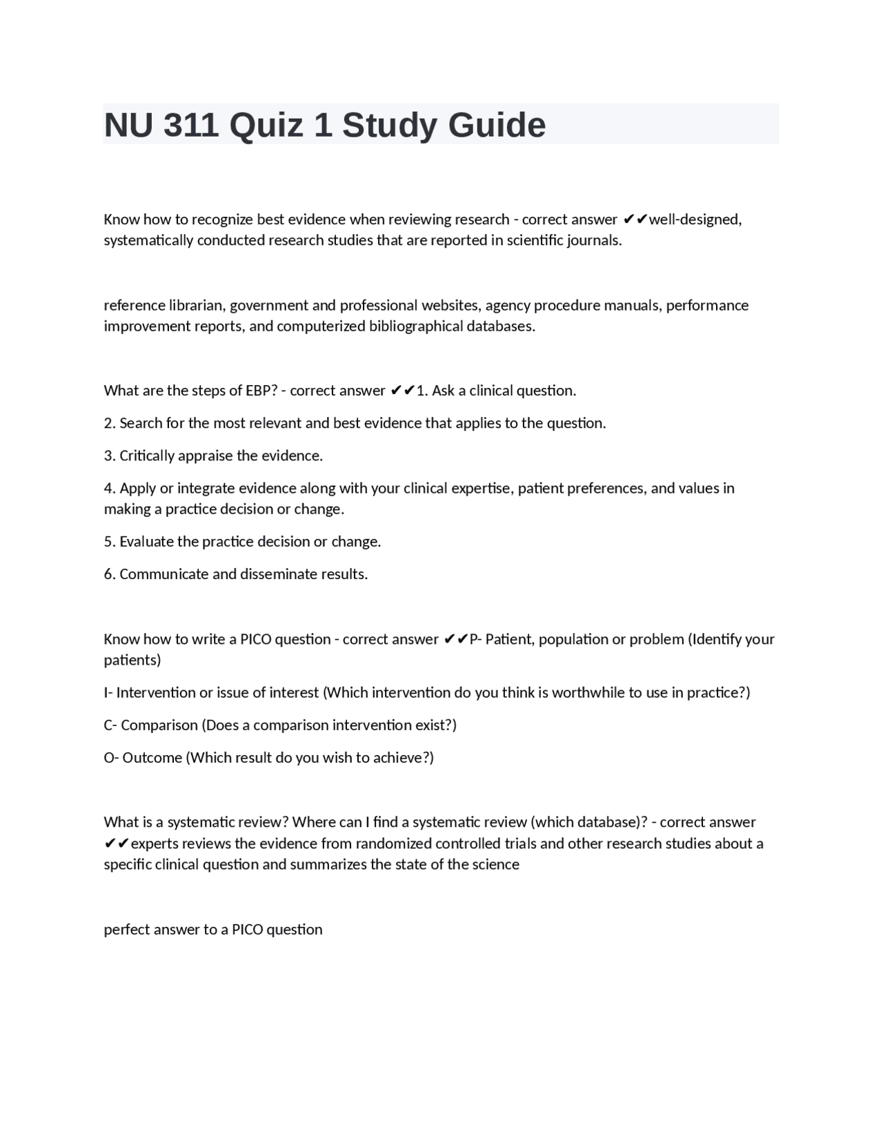 NU 311 Quiz 1 Study Guide with correct answers | Exams Nursing | Docsity