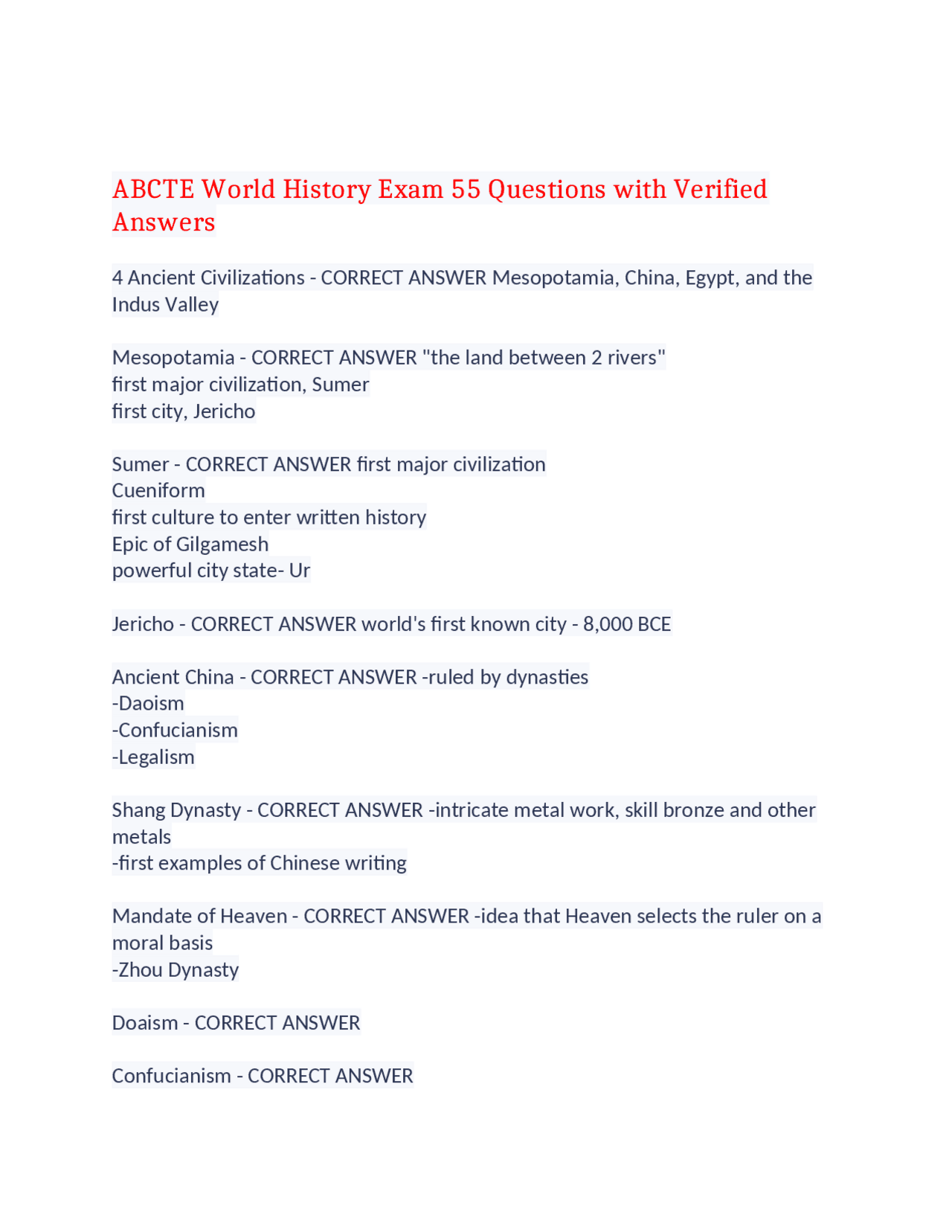 ABCTE World History Exam 55 Questions with Verified Answers,100% ...
