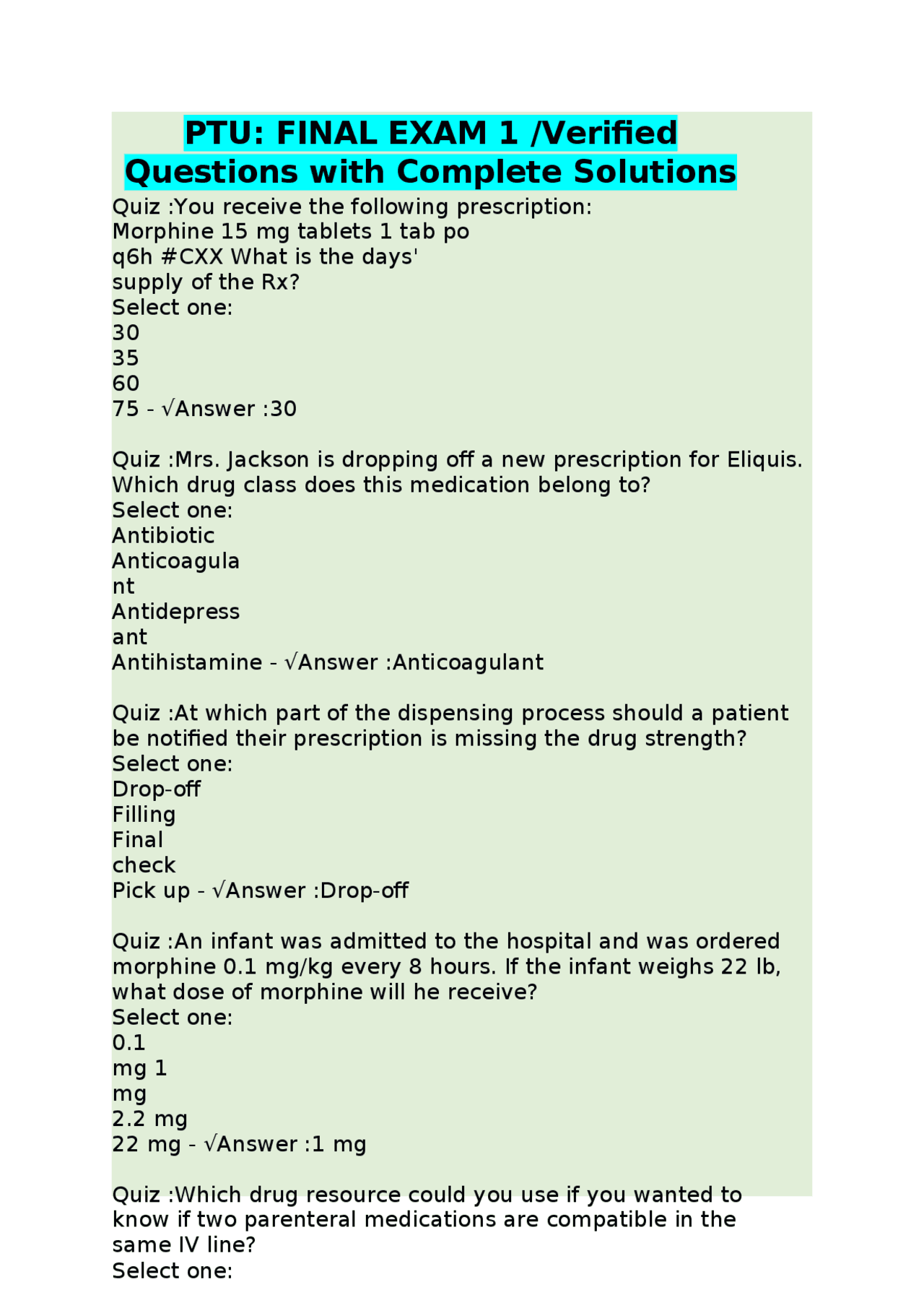 PTU: FINAL EXAM 1 /Verified Questions with Complete Solutions | Exams ...