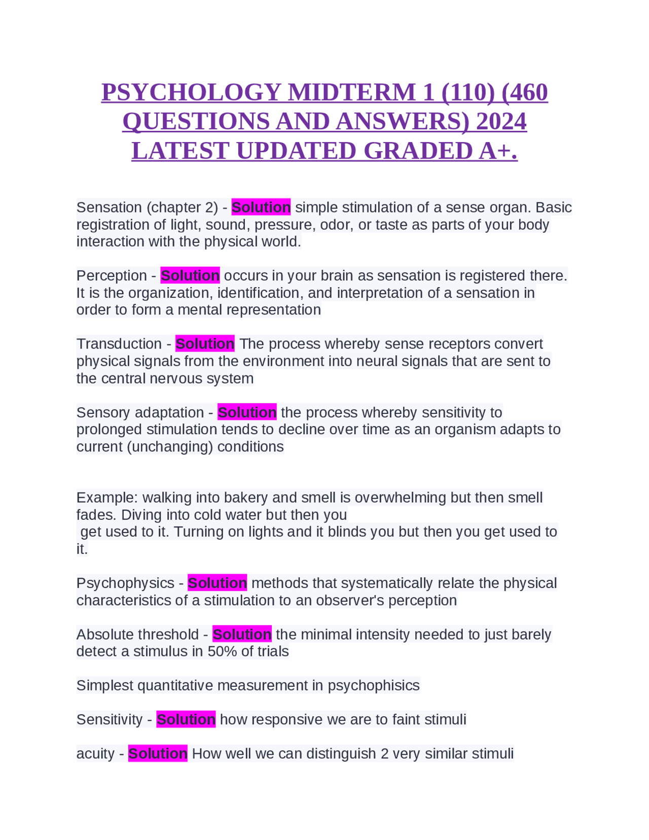 PSYCHOLOGY MIDTERM 1 (110) (460 QUESTIONS AND ANSWERS) 2024 LATEST ...