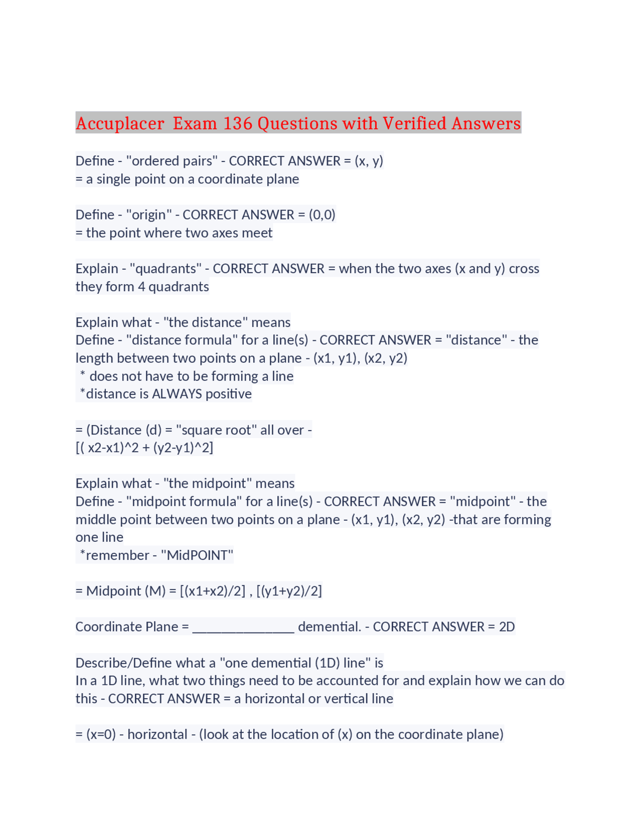 Accuplacer Exam 136 Questions with Verified Answers,100% CORRECT | Exams Advanced Education ...