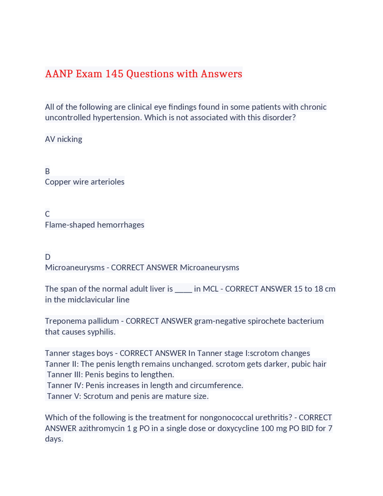 AANP Exam 145 Questions with Verified Answers,100% CORRECT | Exams ...