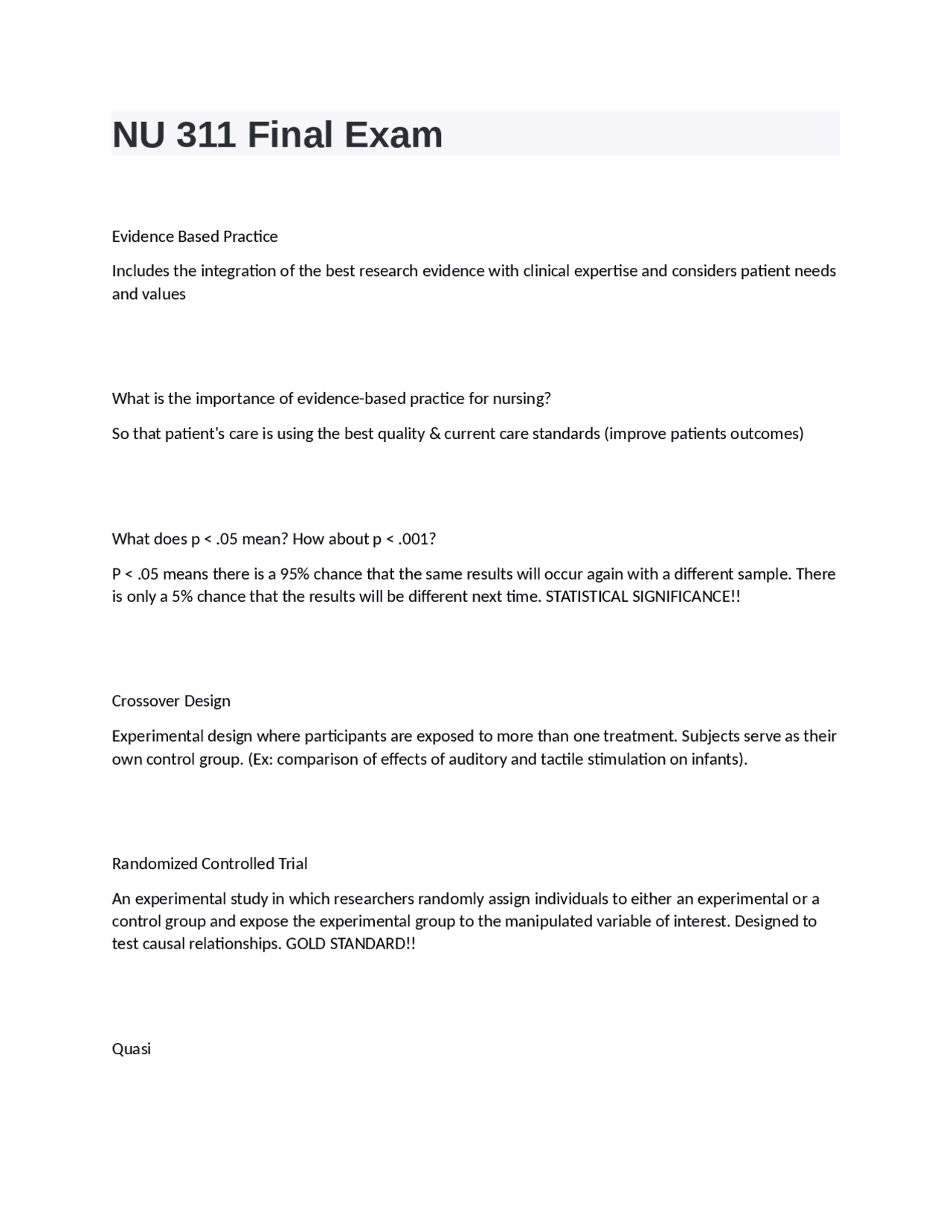 NU 311 Final Exam with complete solutions | Exams Nursing | Docsity