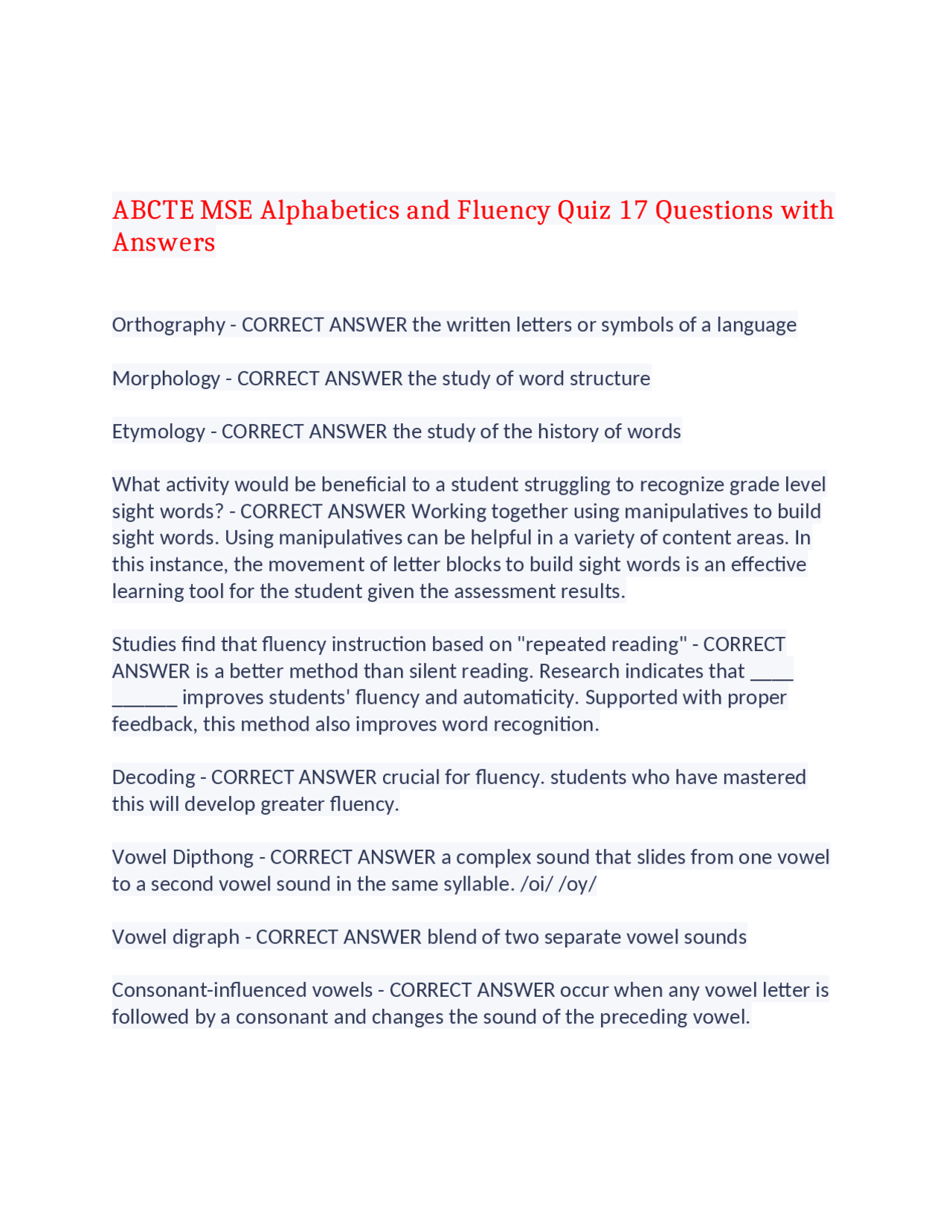 ABCTE MSE Alphabetics and Fluency Quiz 17 Questions with Answers,100% ...