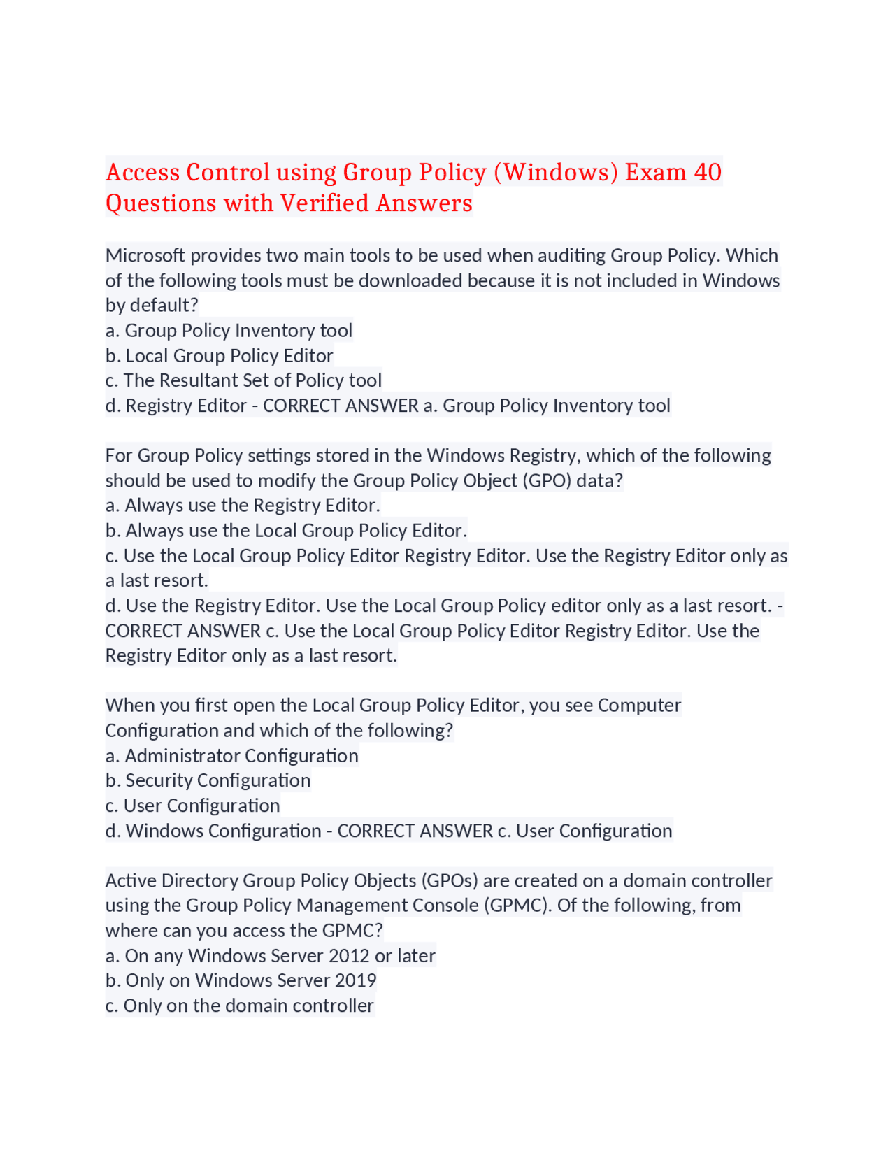Access Control using Group Policy Questions with Verified Answers,100% CORRECT | Exams Business ...