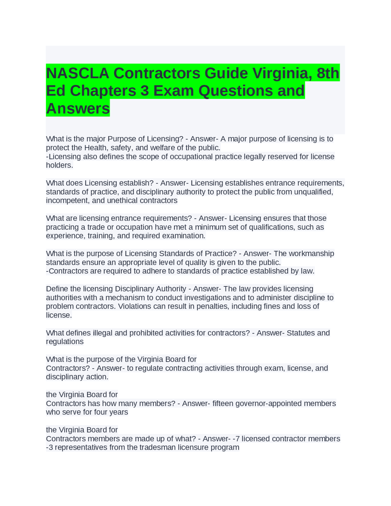 NASCLA Contractors Guide Virginia, 8th Ed Chapters 3 Exam Questions and ...