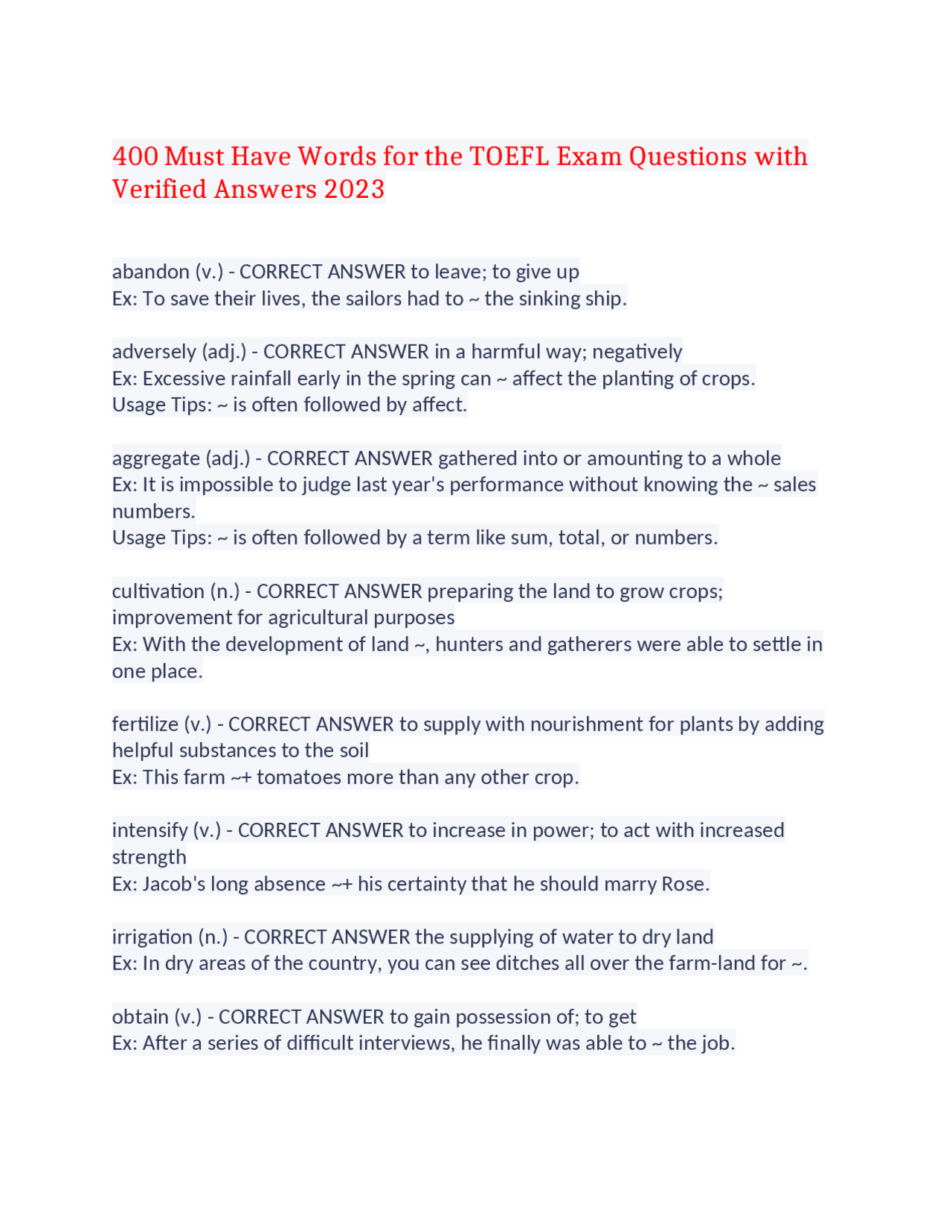 400 Must Have Words for the TOEFL Exam Questions with Verified Answers ...