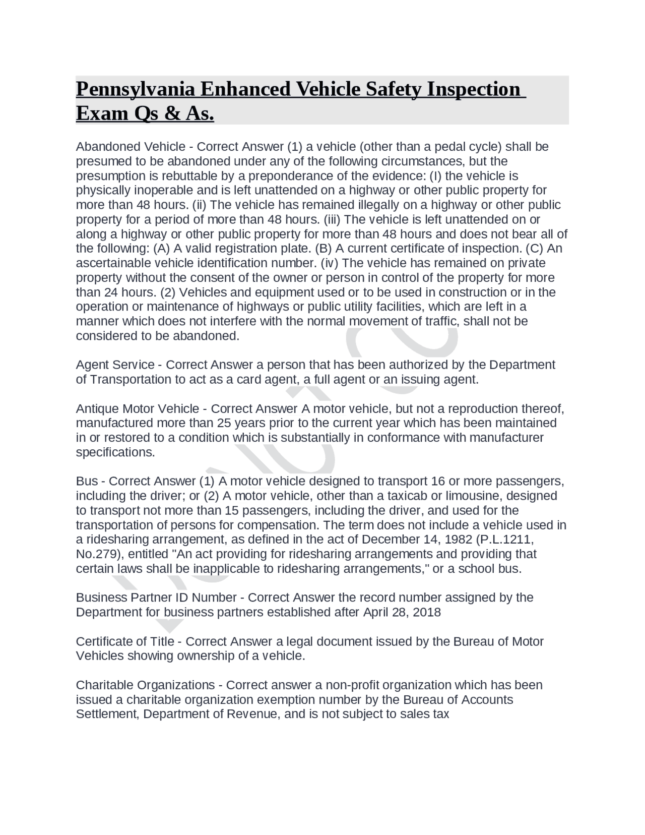 Pennsylvania Enhanced Vehicle Safety Inspection Exam Qs & As. | Exams ...