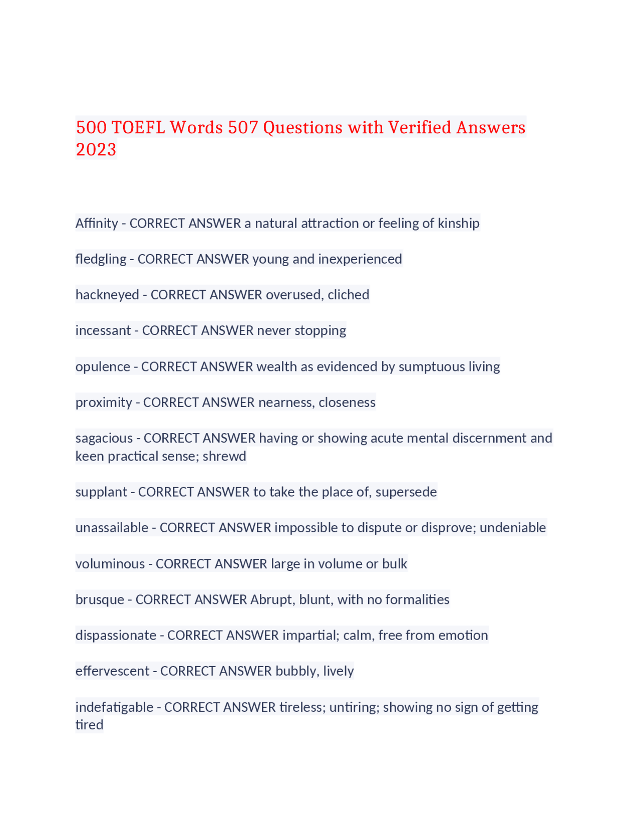 500 TOEFL Words 507 Questions with Verified Answers 2023,100%CORRECT ...